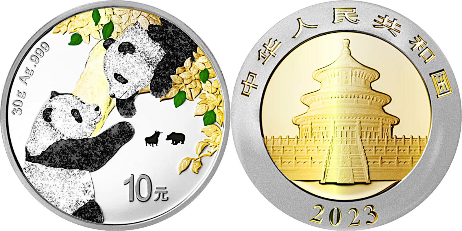 PANDA DIAMONDLINE Bull and Bear Coloured Silver Coin 10 Yuan China 2023 ...