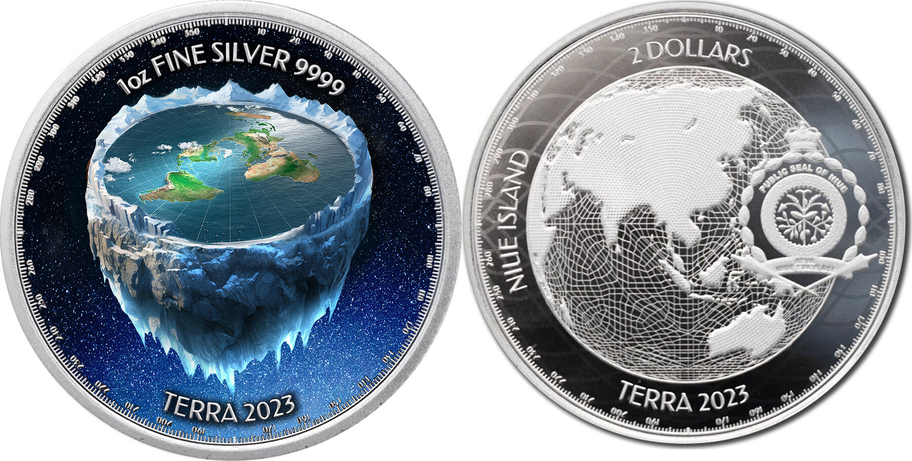 2 Dollars FLAT EARTH Conspiracies 1 Oz Silver Coin 2$ Niue 2023 BU ...