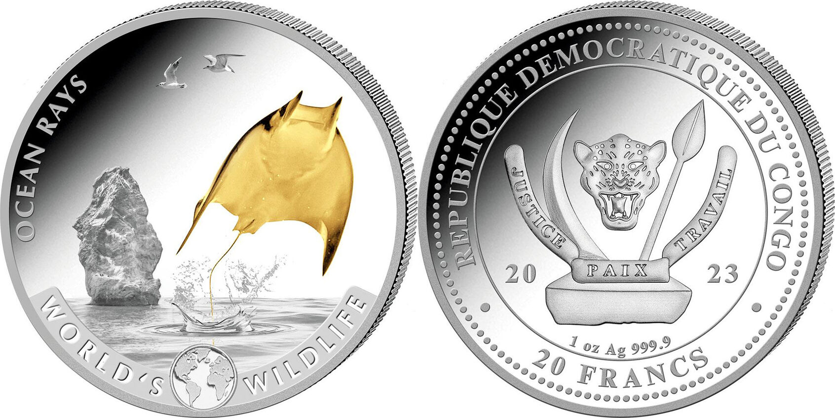 Congo Democratic Republic OCEAN RAYS World Wildlife Gilded 1 Oz Silver ...
