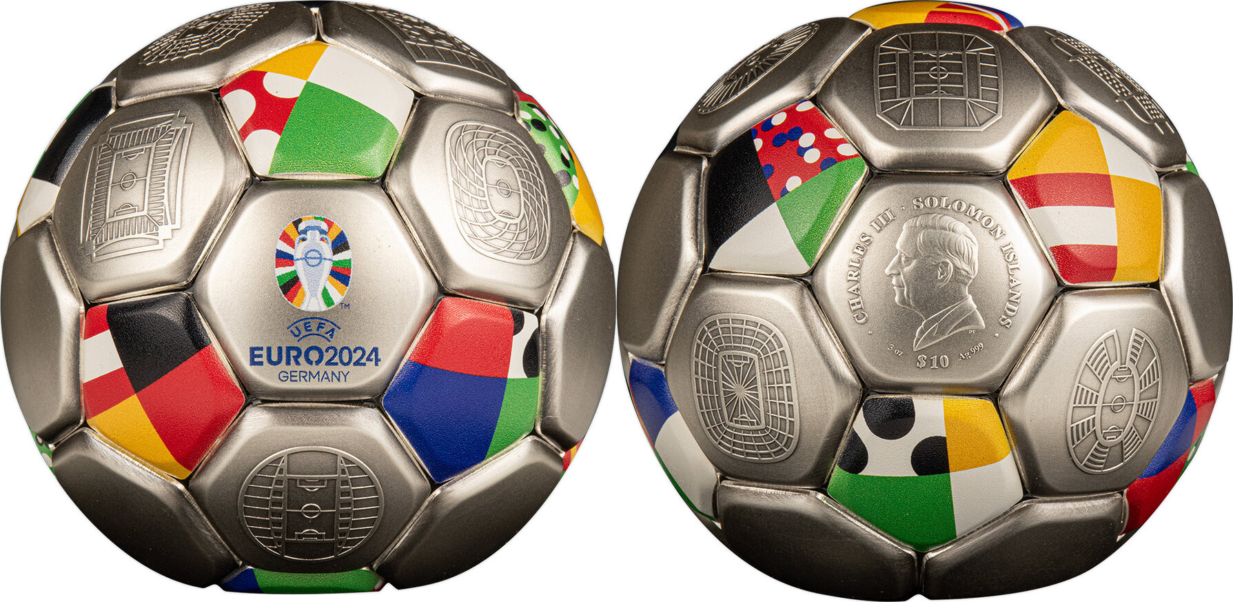 10 Dollars FOOTBALL UEFA EURO Spherical 3 Oz Silver Coin 10$ Solomon ...