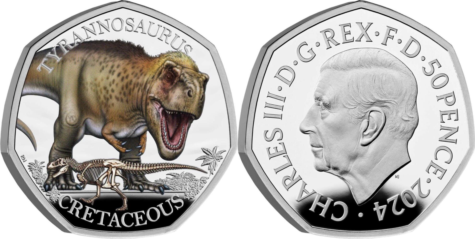 TYRANNOSAURUS Iconic Specimens Coloured Silver Coin 50 Pence United ...