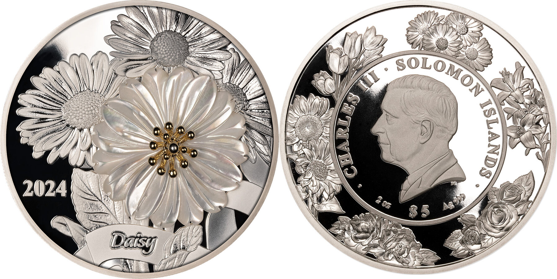 5 Dollars DAISY Flower 3D Mother of Pearl 2 Oz Silver Coin 5$ Solomon ...
