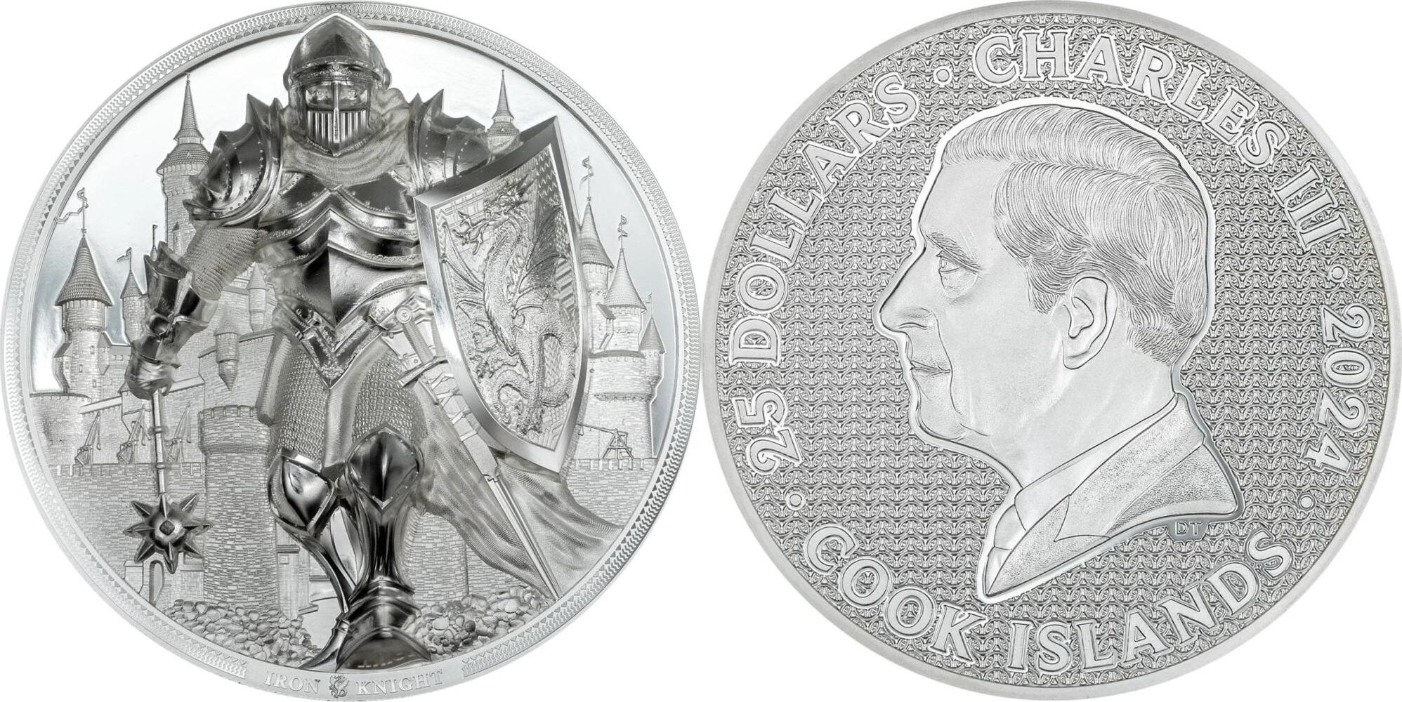 25 Dollars IRON KNIGHT 5 Oz Silver Coin 25$ Cook Islands 2024 Proof ...