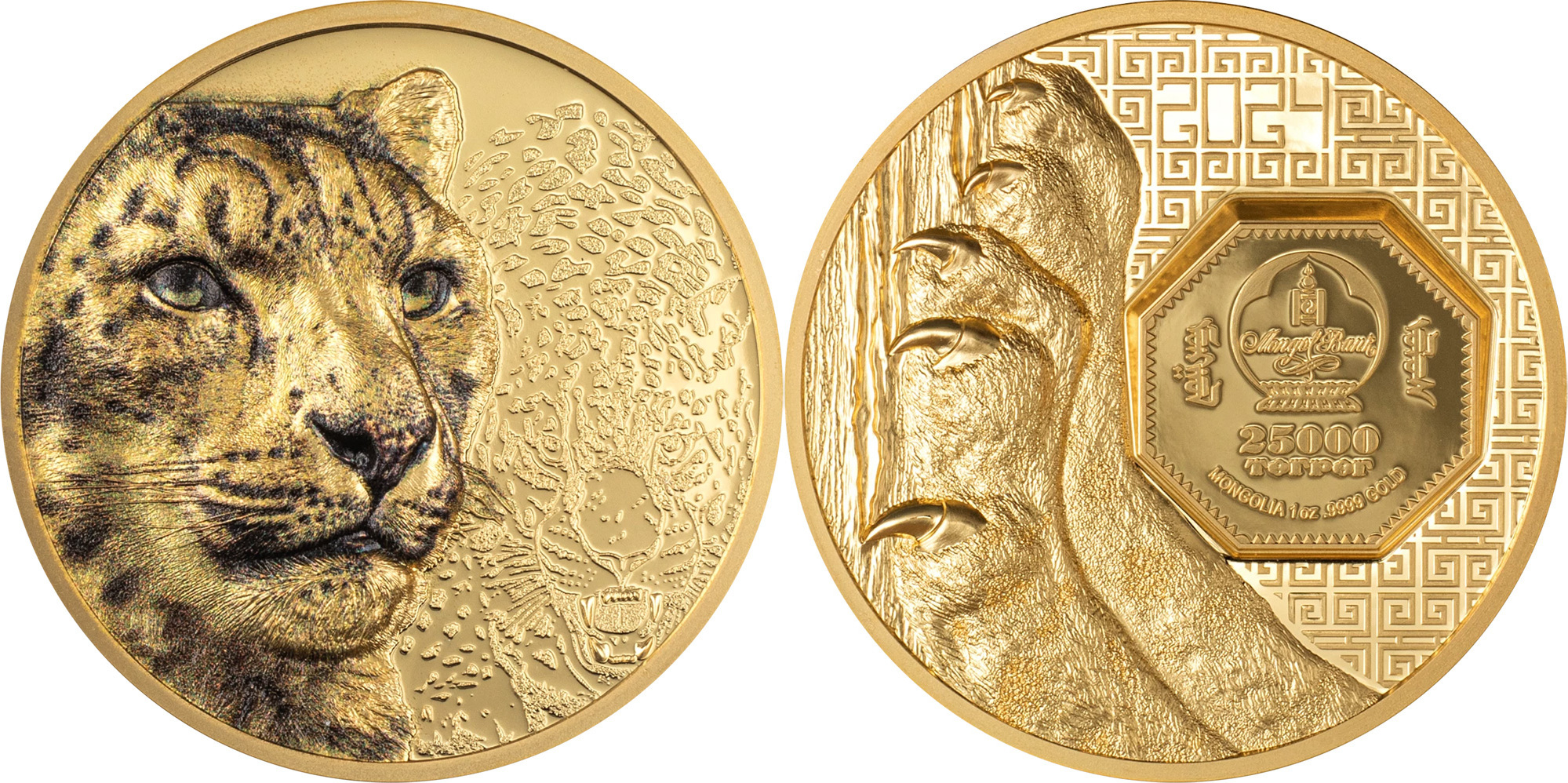 SNOW LEOPARD Wild Mongolia 1 Oz Gold Coin 25000 Togrog Mongolia 2024 ...