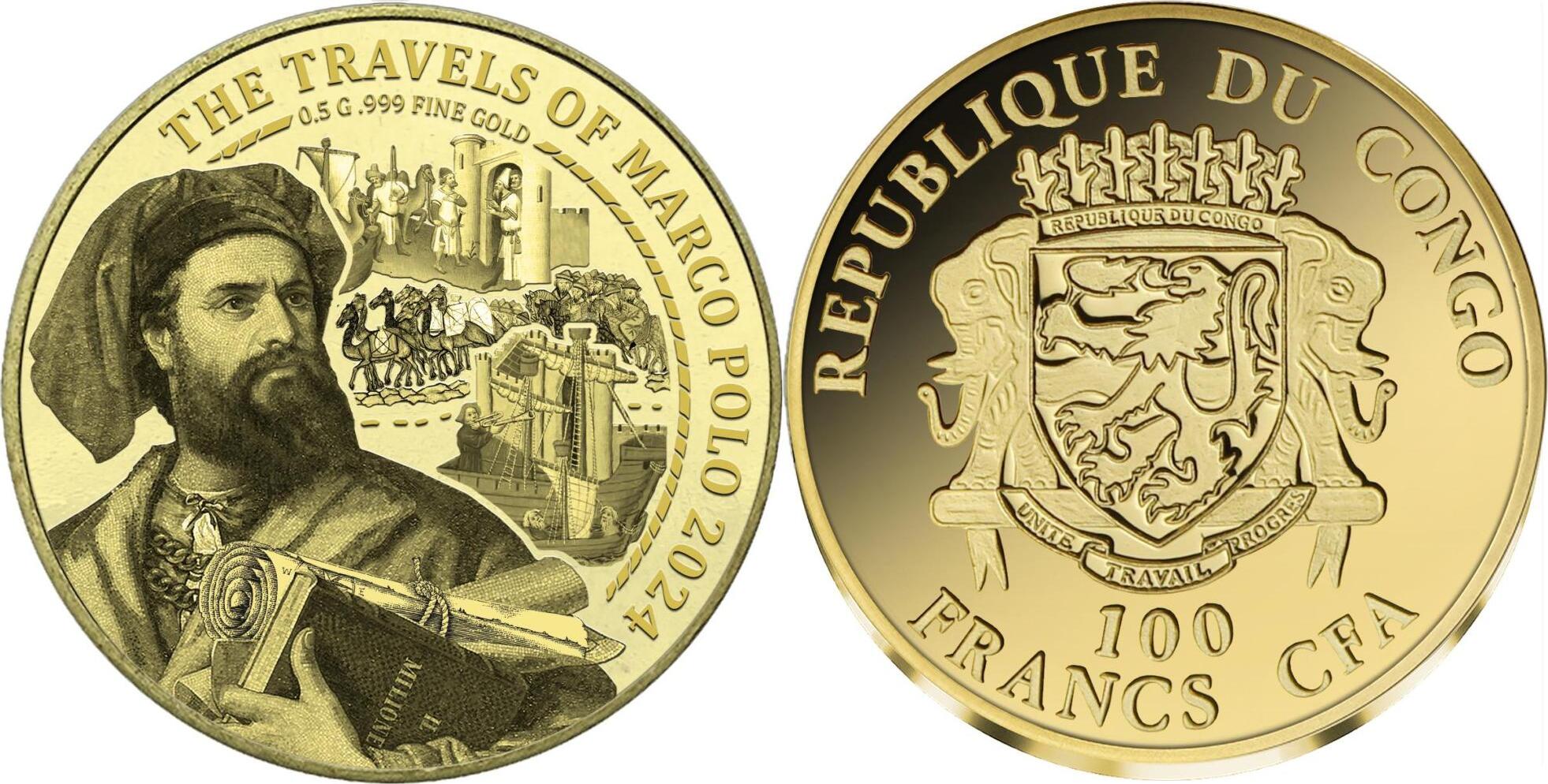 Republic of Congo MARCO POLO Small Gold Coin 100 Francs Congo 2024 ...