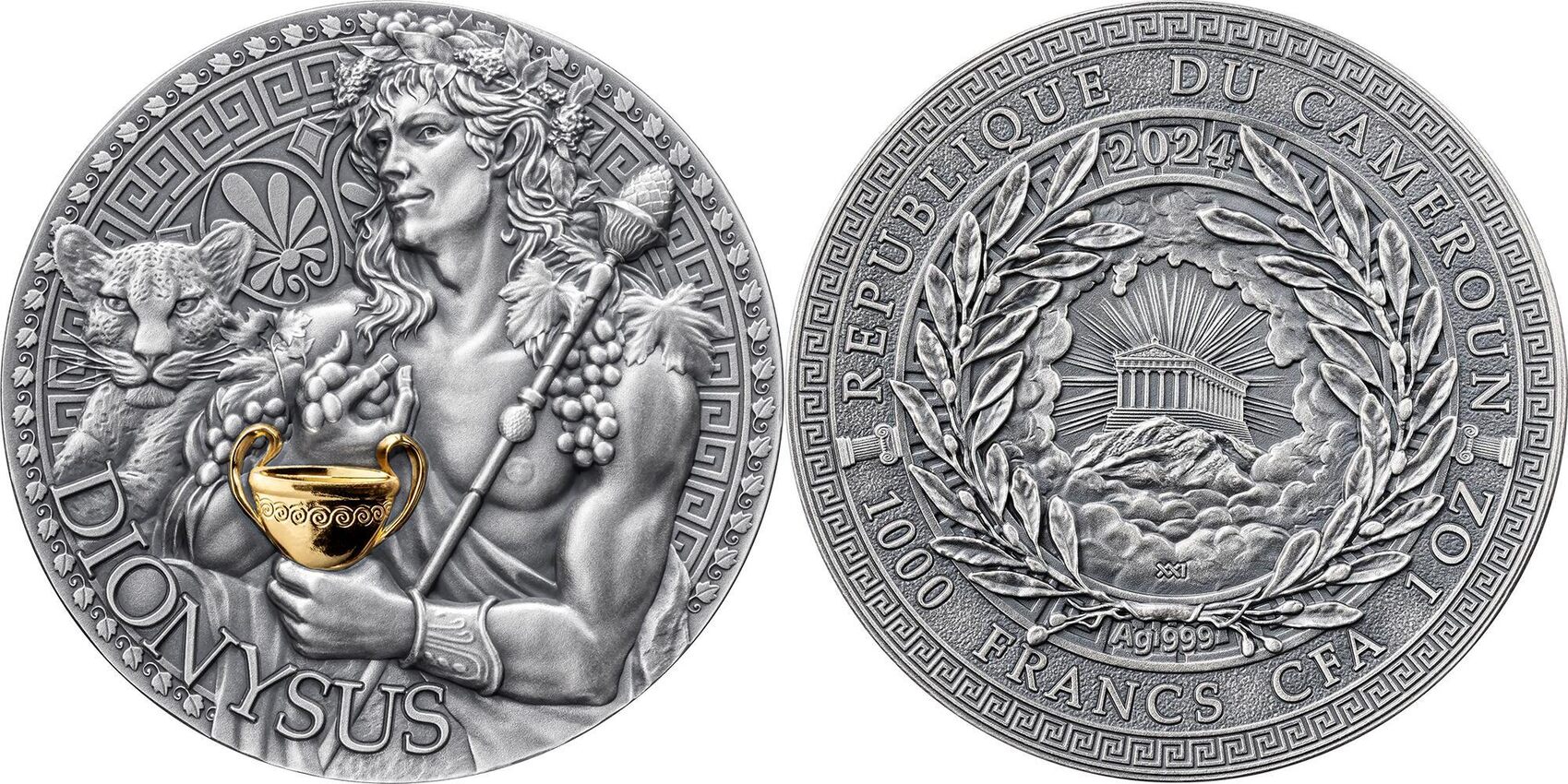 DIONYSUS Great Greek Mythology 1 Oz Silver Coin 1000 Francs Cameroon ...