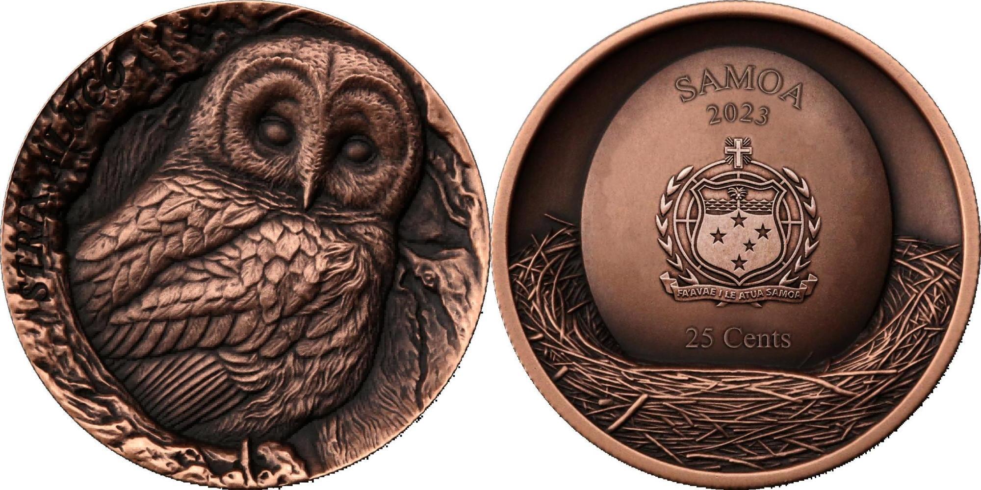 STRIX ALUCO Tawny Owl Tree Hollow Copper Coin 25 Cents Samoa 2023 ...