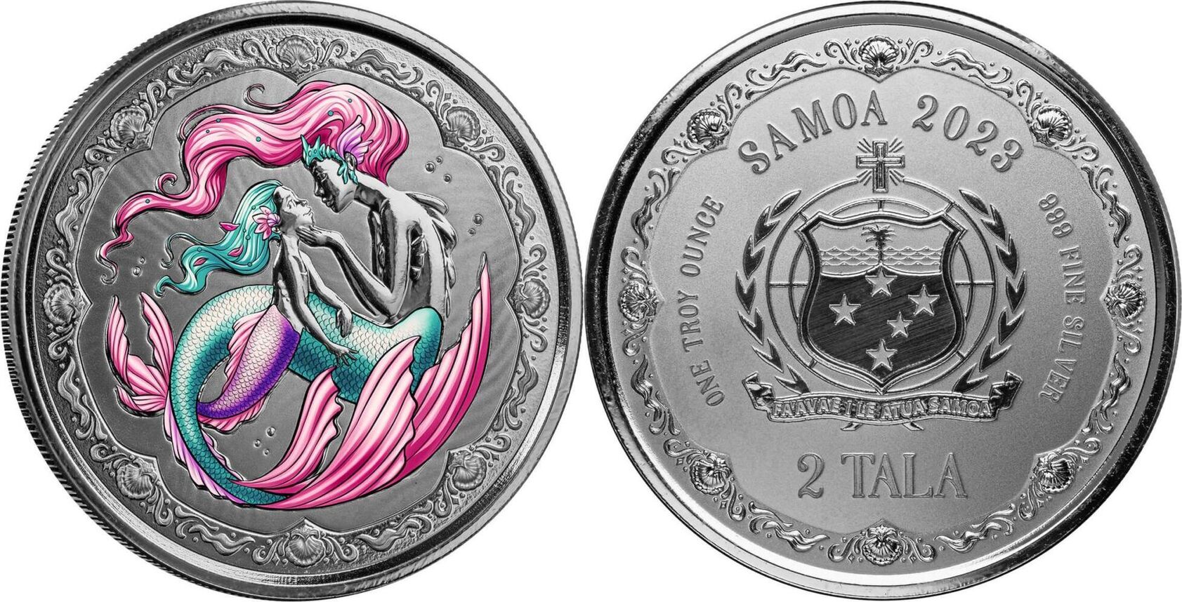 2 Dollars MERMAID MOTHER AND DAUGTHER 1 Oz Silver Coin 2$ Tala Samoa ...