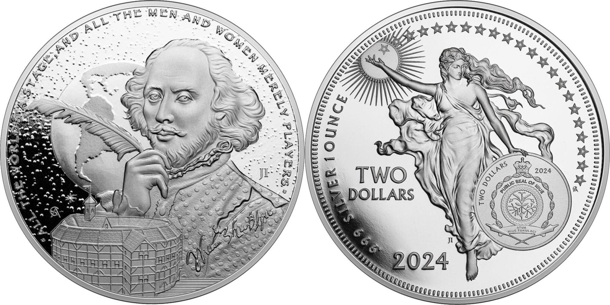 2 Dollars WILLIAM SHAKESPEARE Icons of Inspiration 1 Oz Silver Coin 2 ...
