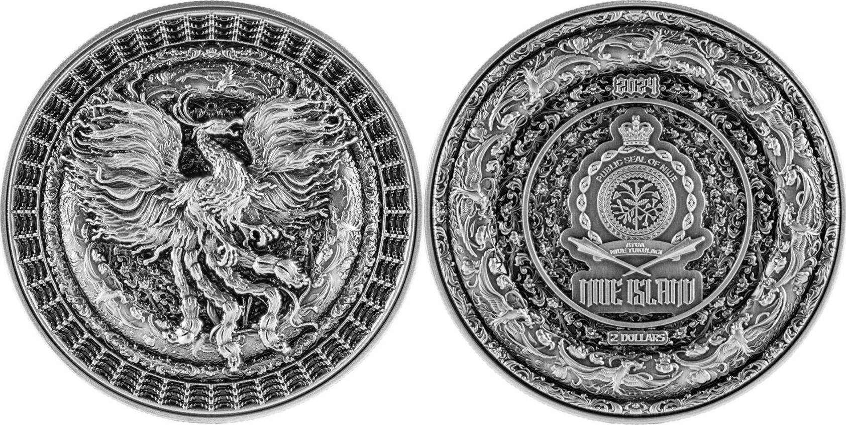 2 Dollars FORBIDDEN PHOENIX 1 Oz Moneta Argento 2$ Niue 2024 Antique ...