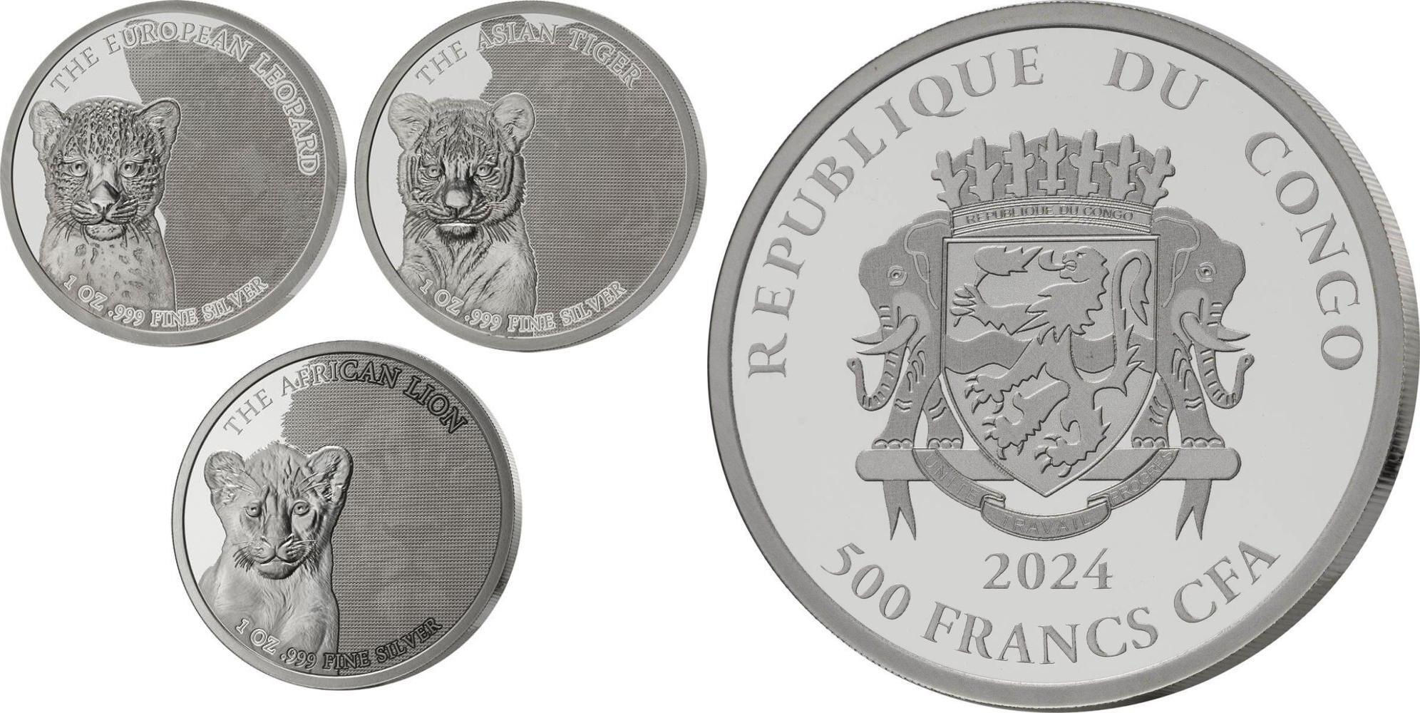 Republic of Congo WILDCATS Visual Layer Minting Set 3 x 1 Oz Silver Coins 500 Francs Congo 2024 ...
