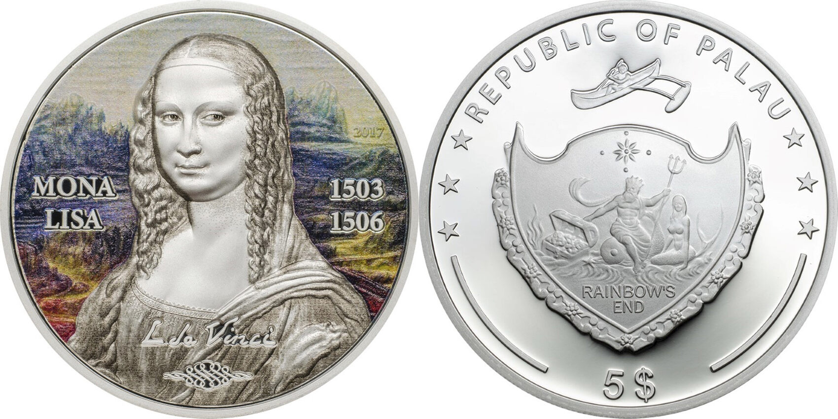 5 Dollars MONA LISA Gioconda Art Revived 1 Oz Silver Coin 5$ Palau 2017 ...