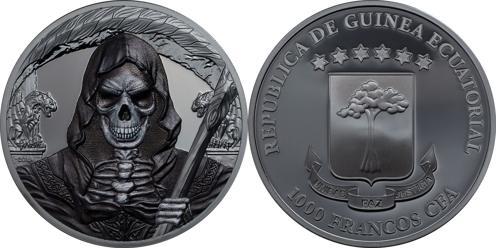 GRIM REAPER Dark Side 1 Oz Silver Coin 1000 Francs Equatorial Guinea ...