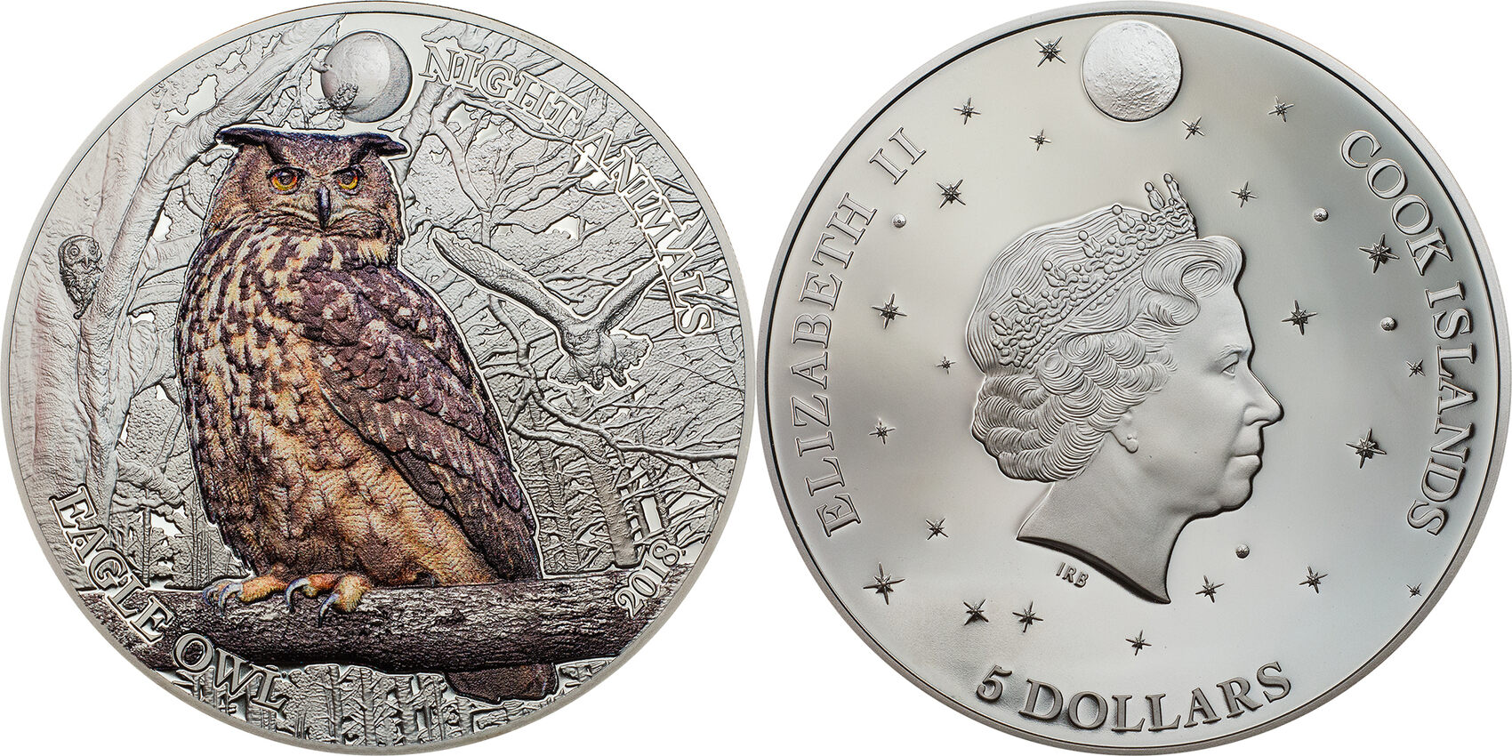 5 Dollars EAGLE OWL Night Animals 1 Oz Silver Coin 5$ Cook Islands 2018 ...