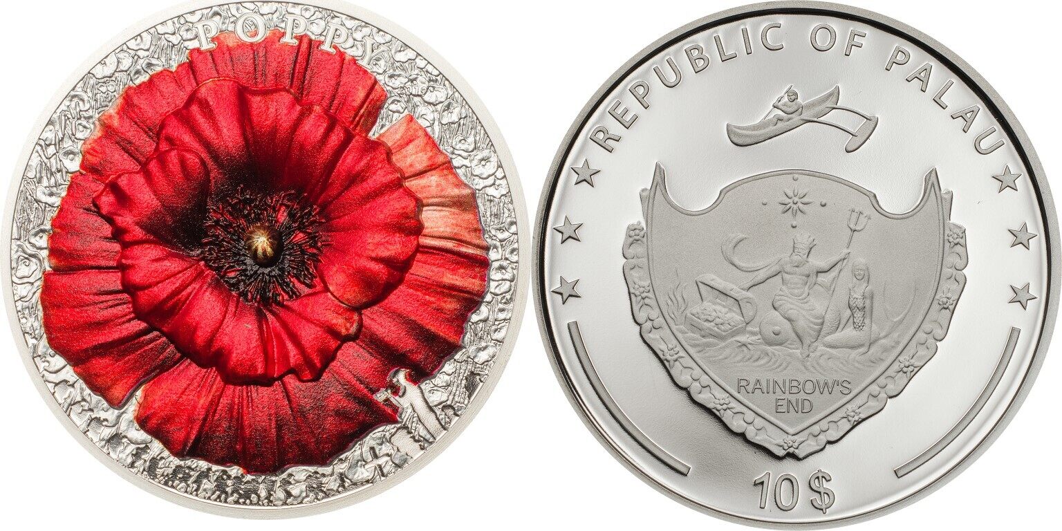 10 Dollars POPPY High Relief Flowers Leaves 2 Oz Silver Coin 10$ Palau ...