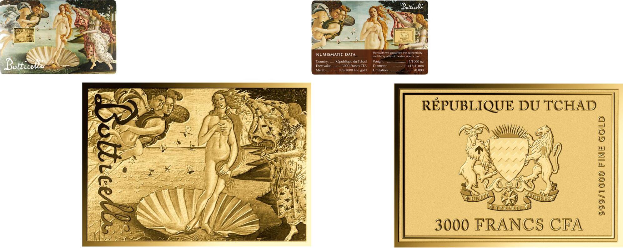 BIRTH OF VENUS Sandro Botticelli 1/1000 Oz Gold Coin 3000 Francs Chad ...