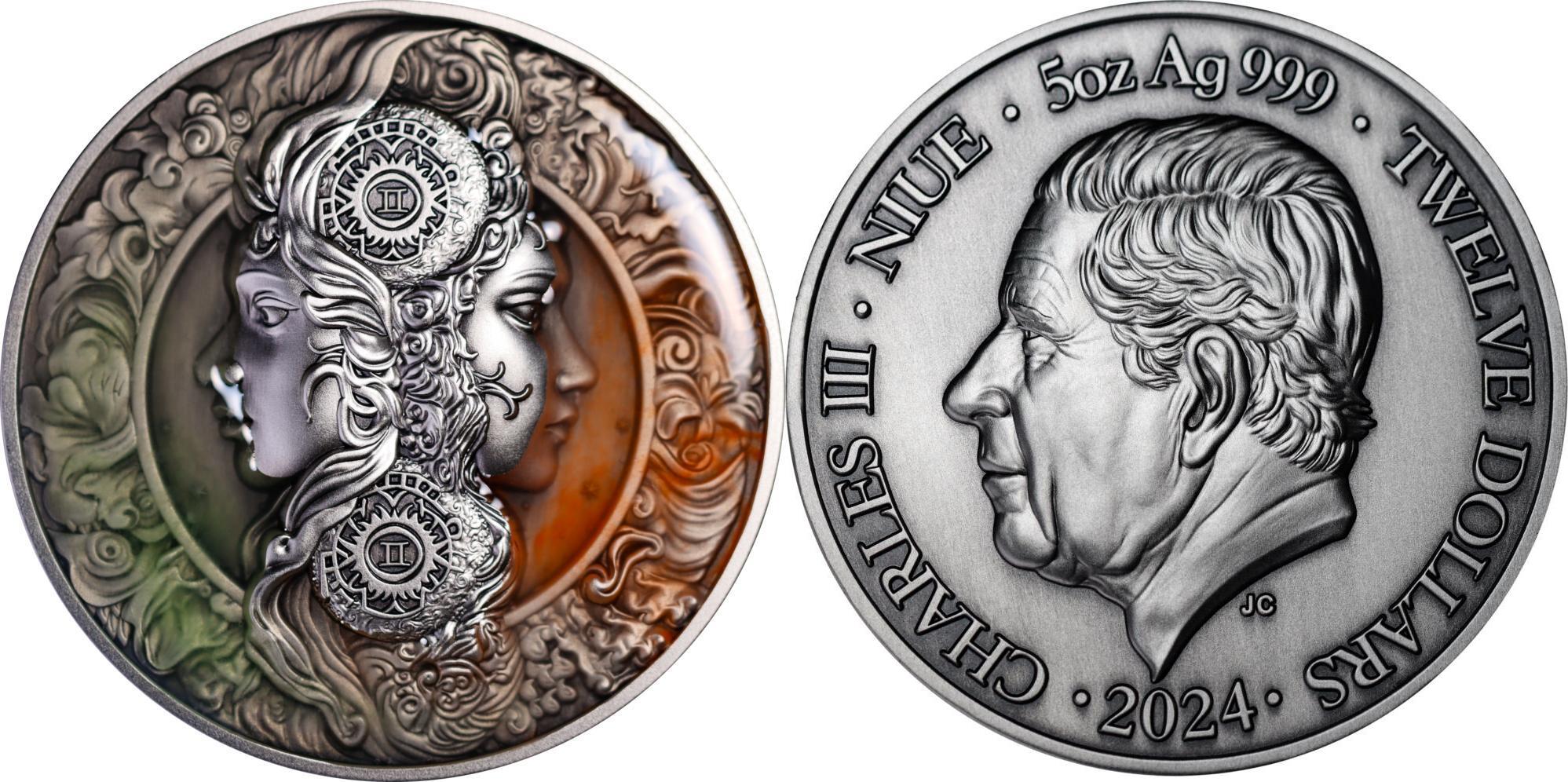 12 Dollars GEMINI Glow in the Dark Twelve Zodiac Signs 5 Oz Silver Coin ...