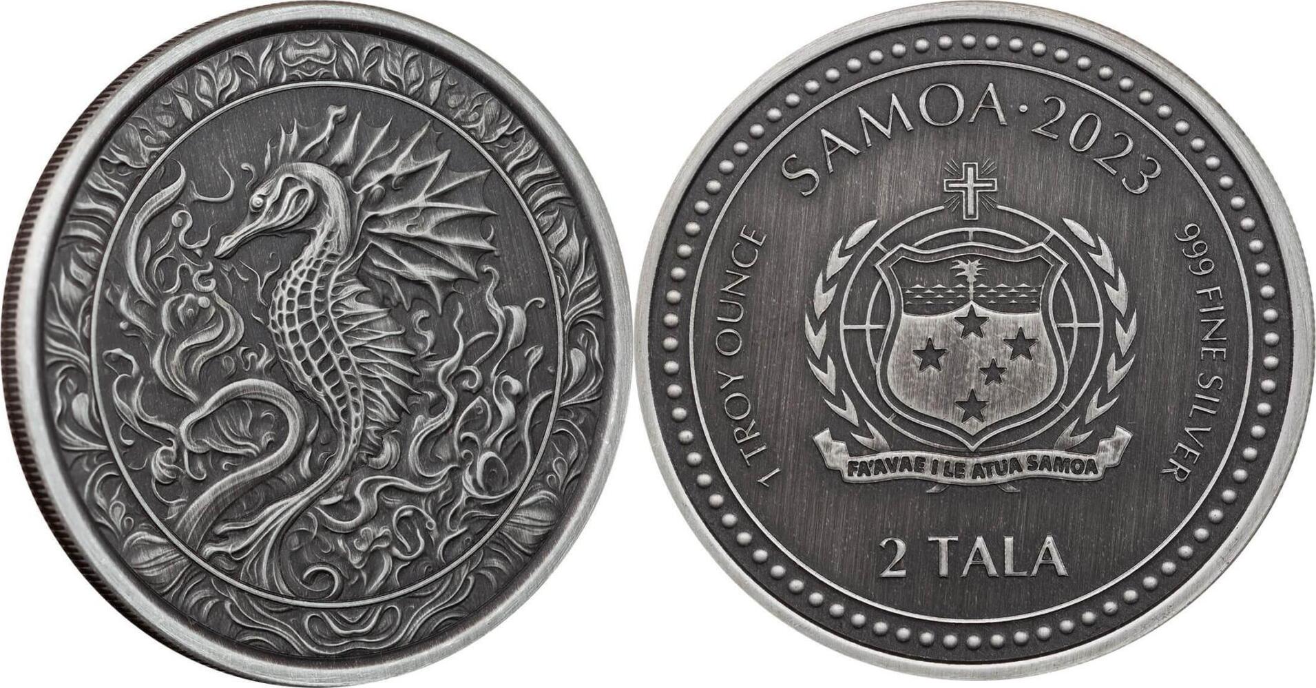 2 Dollars SEAHORSE 1 Oz Silver Coin 2$ Tala Samoa 2023 Antique Finish ...