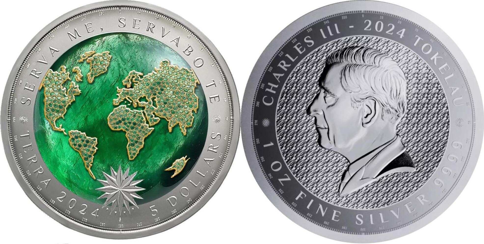5 Dollars EMERALD Precious Earth Terra 1 Oz Silver Coin 5$ Tokelau 2024 ...