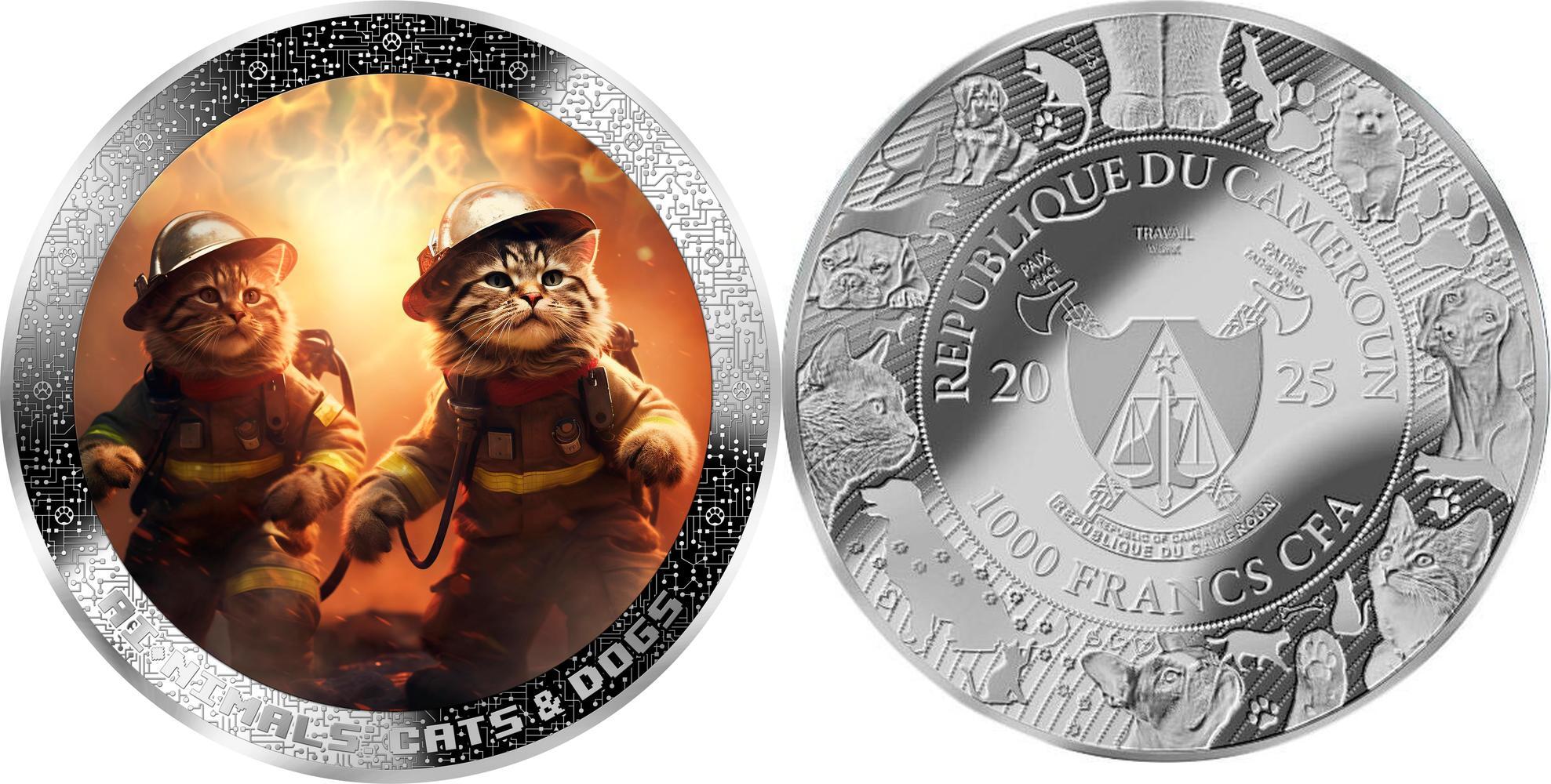 FIREFIGHTER CATS AI-NIMALS 1 Oz Silver Coin 1000 Francs Cameroon 2025 ...