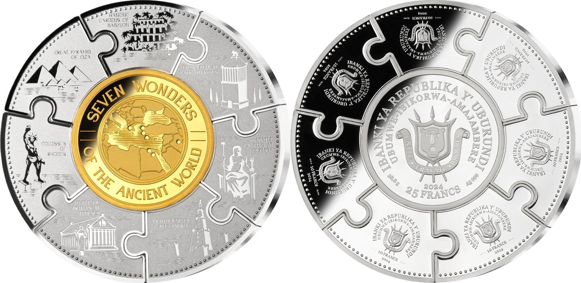 WONDERS OF THE WORLD 8x5 Oz Silver Coin 25 Francs Burundi 2024 Proof ...