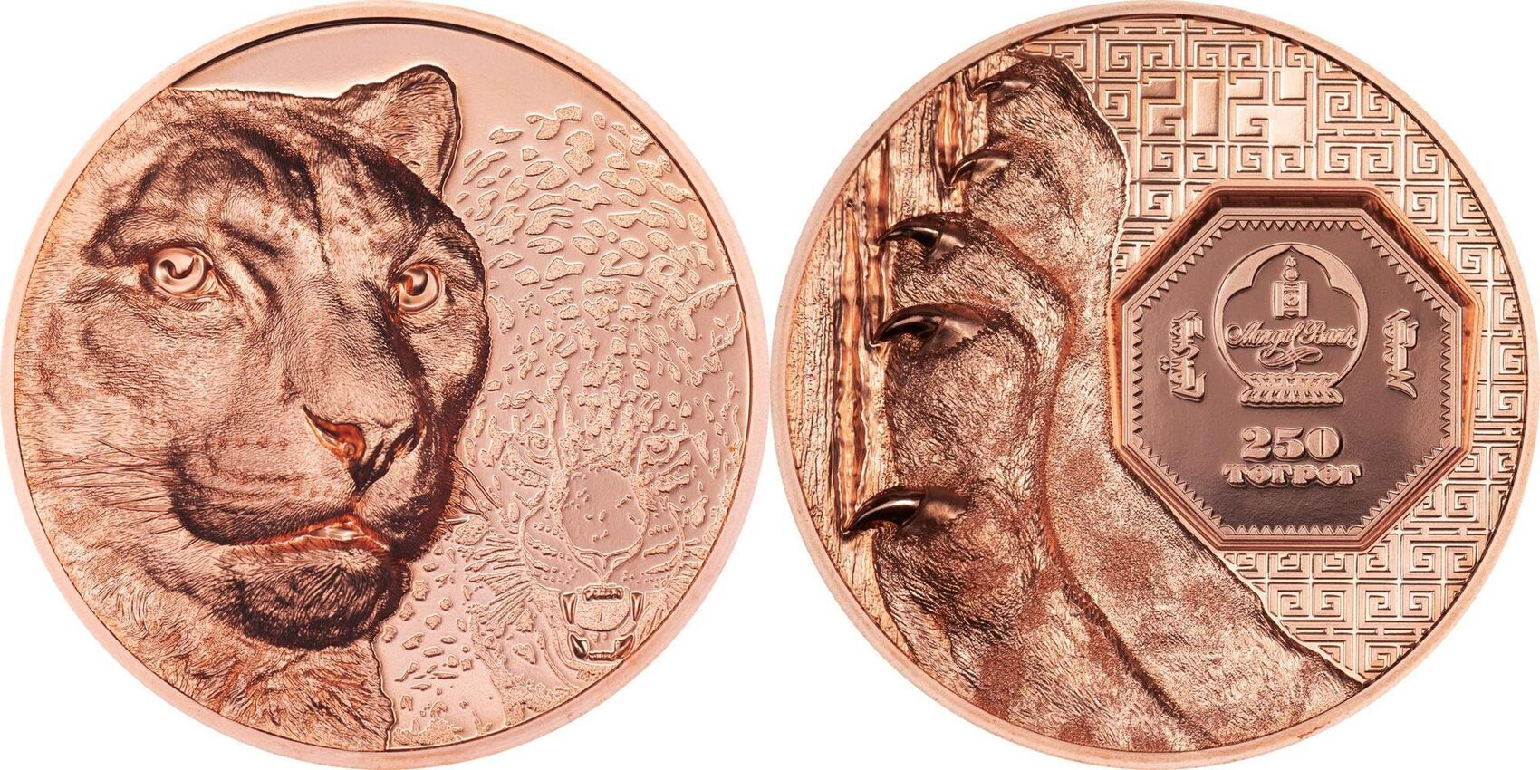 SNOW LEOPARD Wild Mongolia Copper Coin 250 Togrog Mongolia 2024 ...