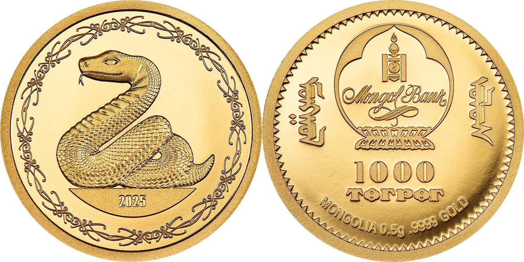 SNAKE Lunar Year Gold Coin 1000 Togrog Mongolia 2025 Proof | MA-Shops