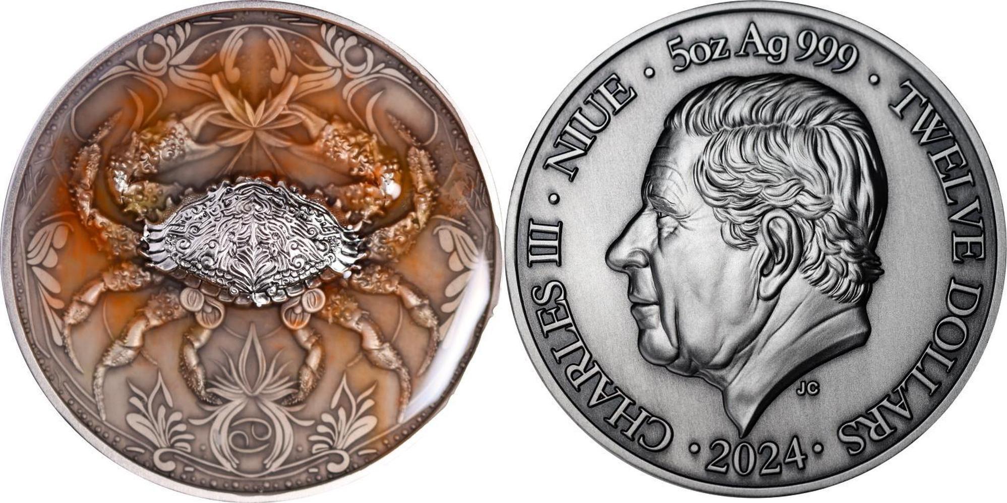 12 Dollars CANCER Glow in the Dark Twelve Zodiac Signs 5 Oz Silver Coin ...