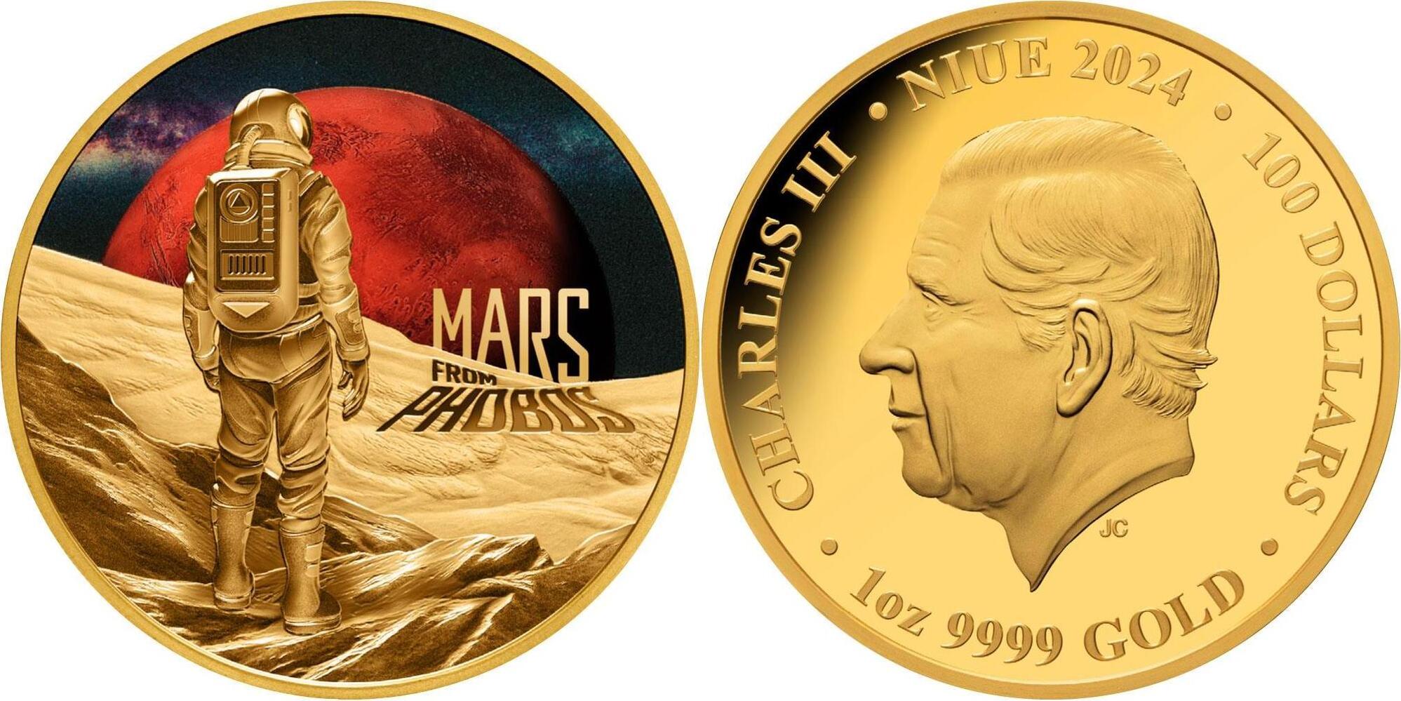 100 Dollars MARS FROM PHOBOS 1 Oz Gold Coin 100$ Niue 2024 Proof | MA-Shops