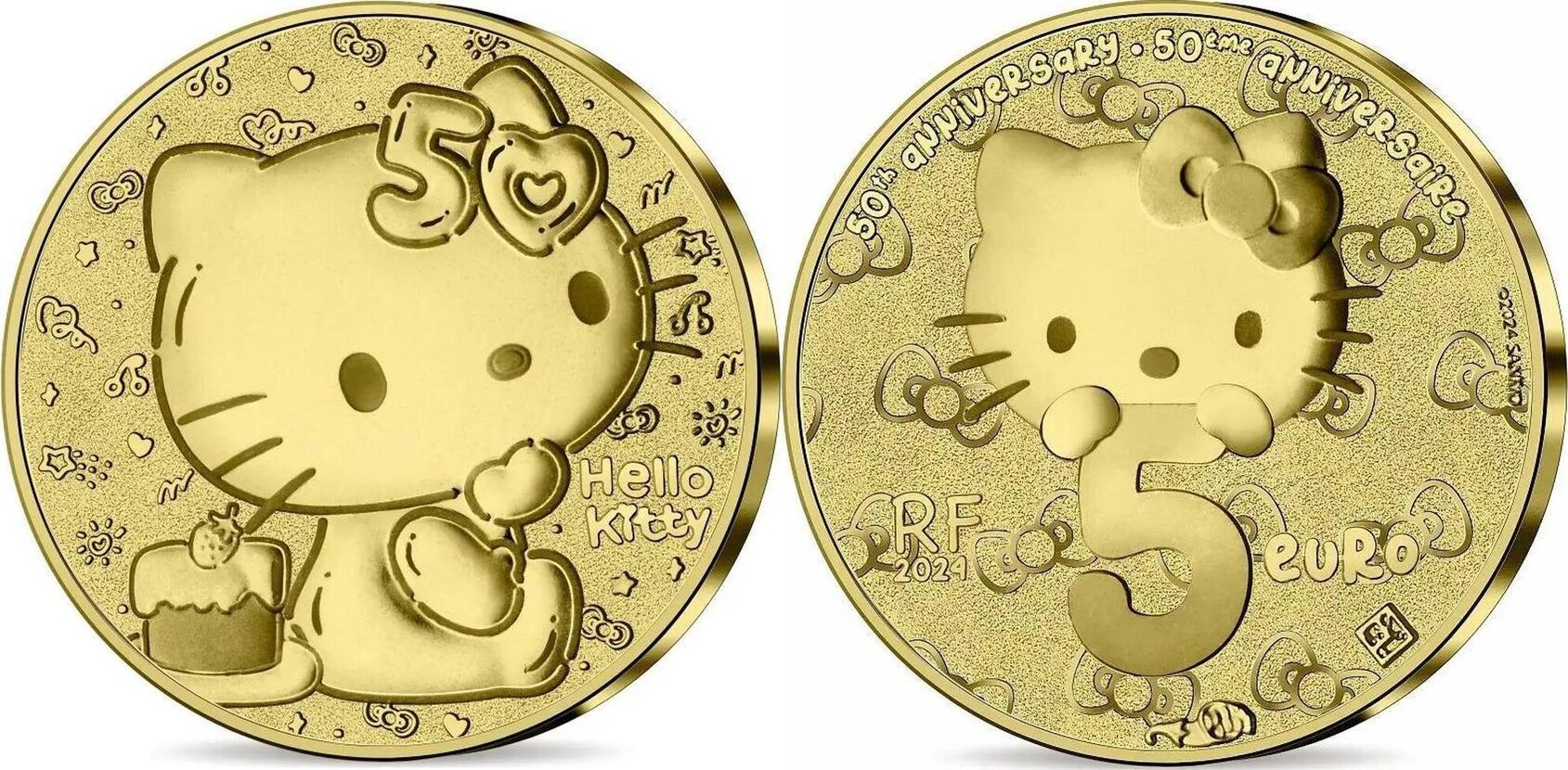 5 Euro HELLO KITTY 50th Anniversary Gold Coin 5€ Euro France 2024 Proof ...