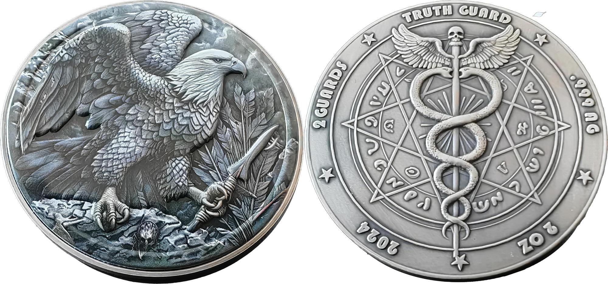 BALD EAGLE IN BATTLE 2 Oz Silver Coin 2 Guards Truth Guard 2024 Antique ...