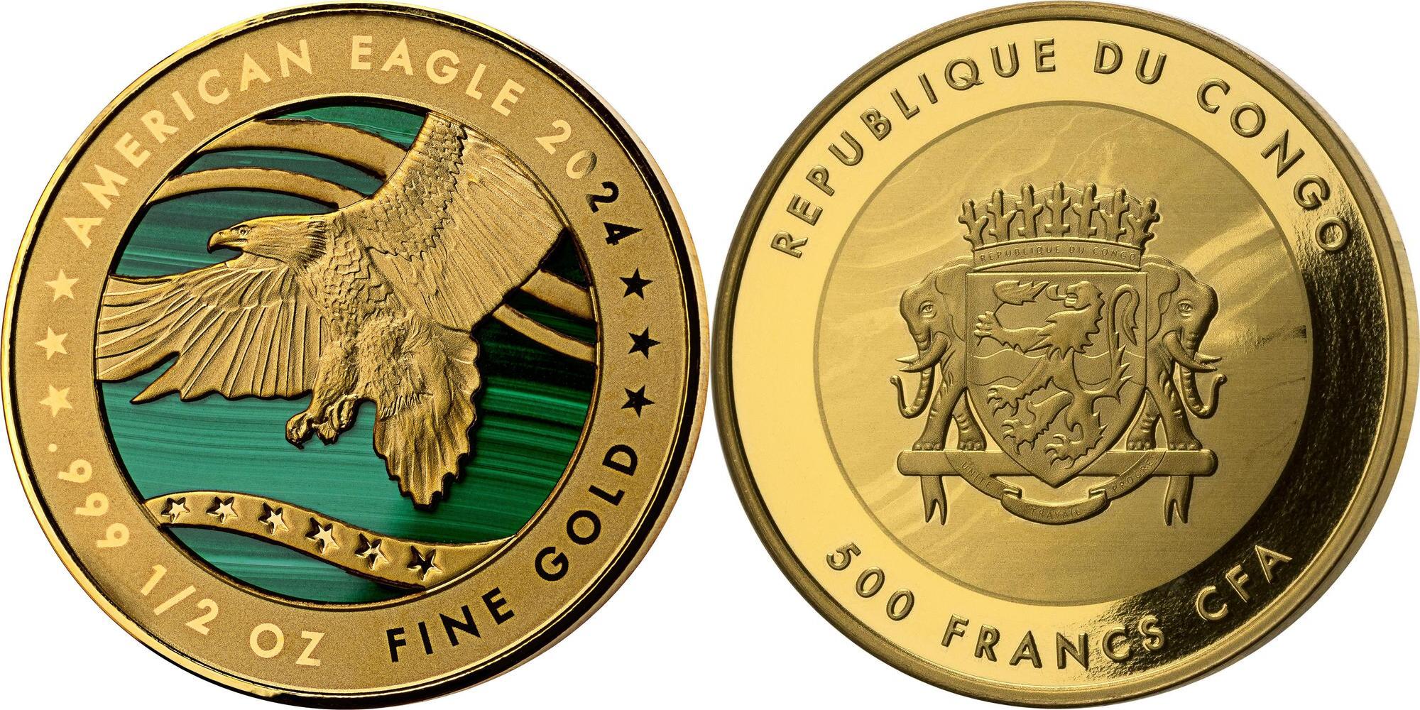 Congo Democratic Republic 20 Francs MALACHIT EAGLE 1/2 Oz Gold Coin 500 ...