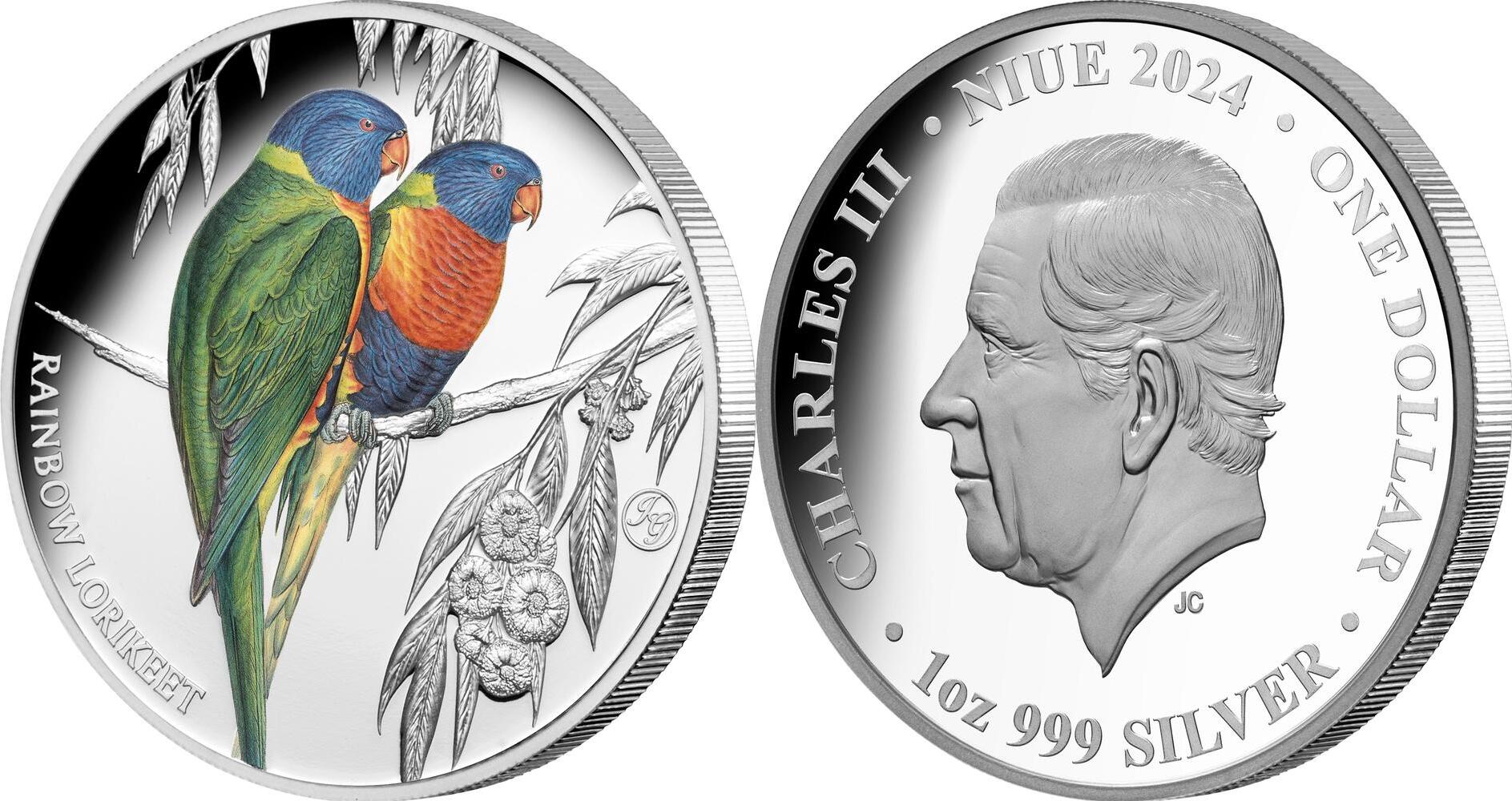 1 Dollar RAINBOW LORIKEET Birds of Australia 1 Oz Silver Coin 1$ Niue ...