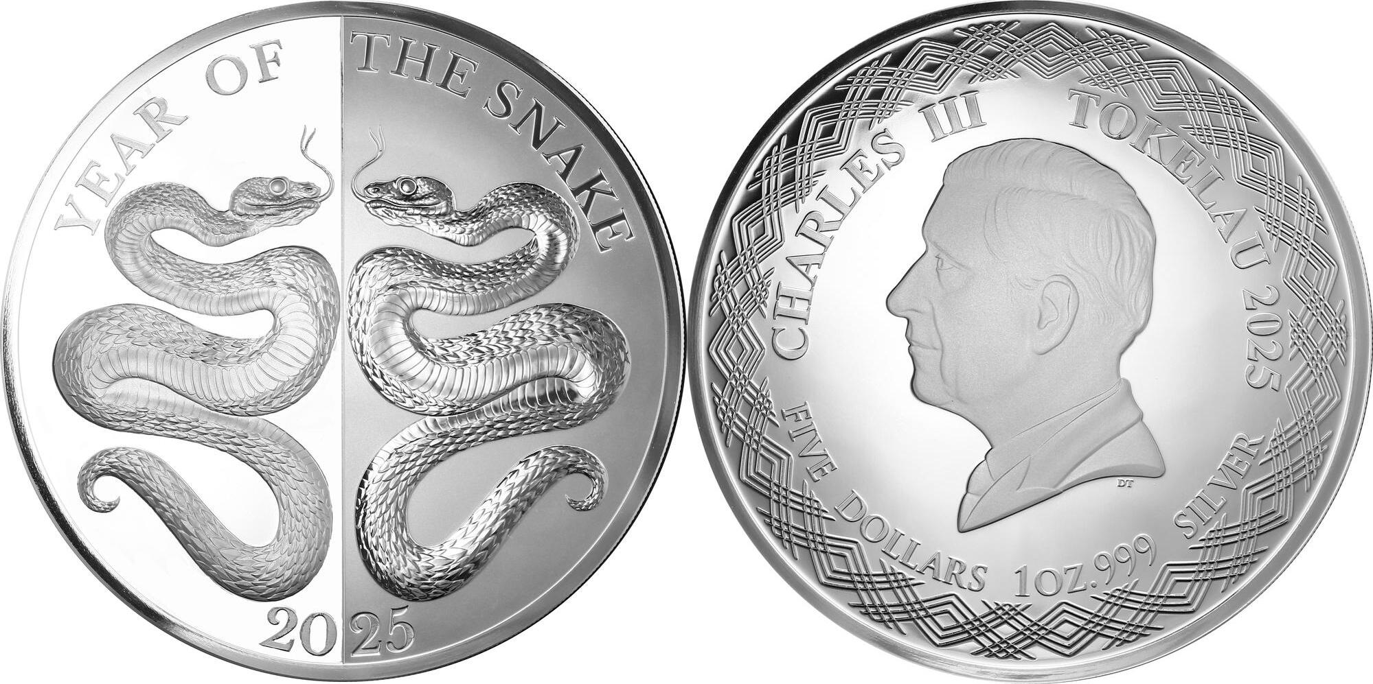 5 Dollars MIRROR SNAKE Chinese Lunar Year 1 Oz Silver Coin 5$ Tokelau 2025 Proof | MA-Shops