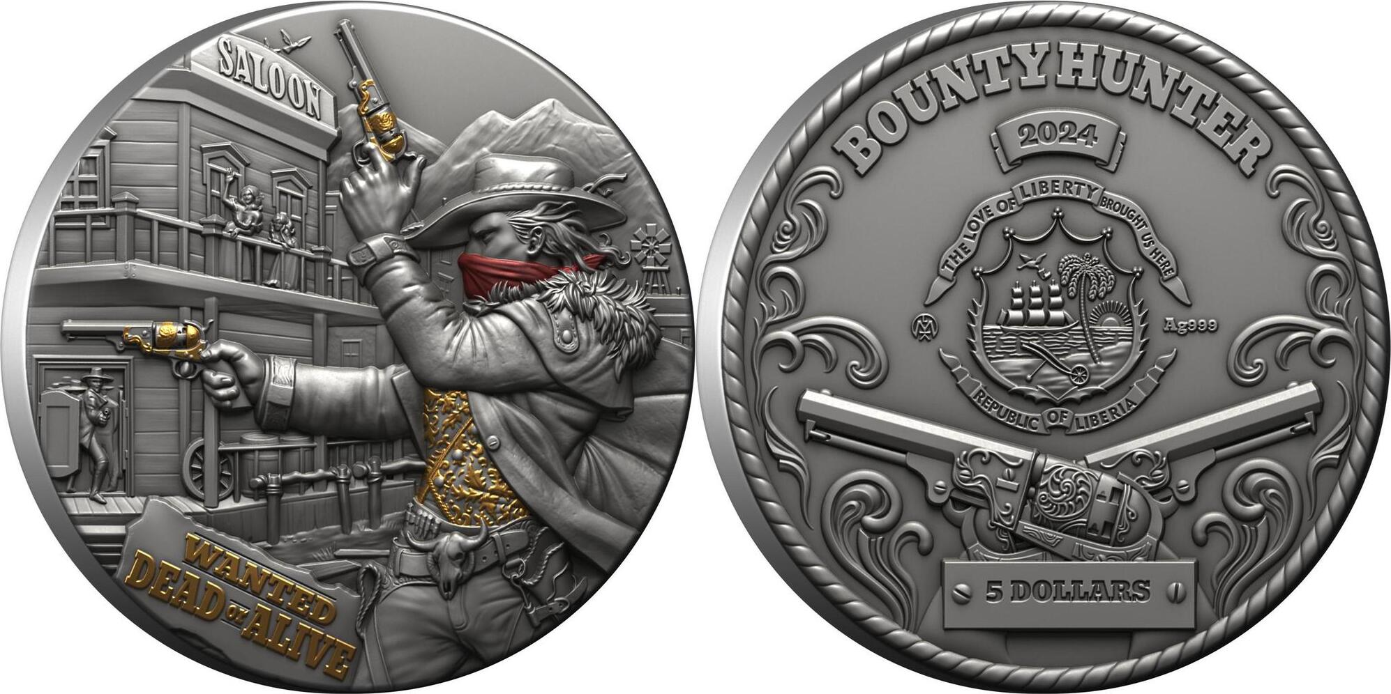 5 Dollars BOUNTY HUNTER 2 Oz Silver Coin 5$ Liberia 2024 Antique Finish ...