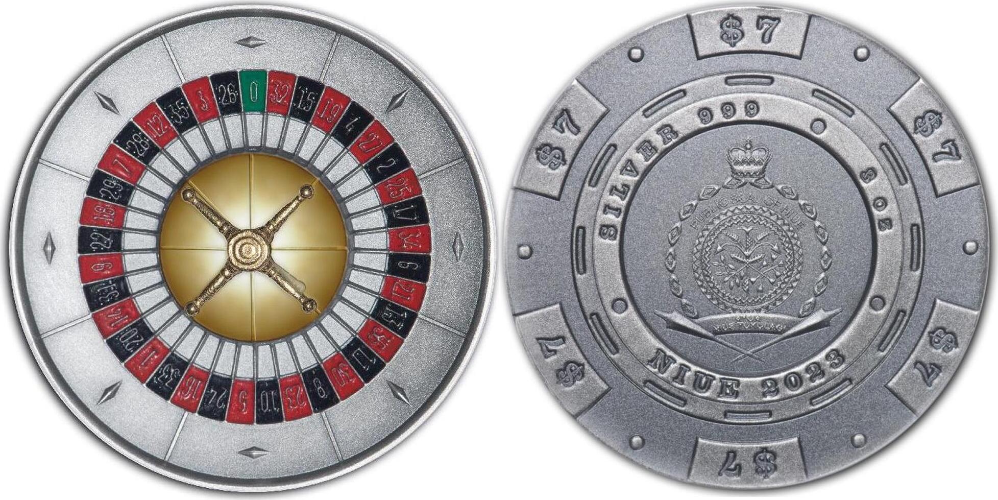 7 Dollars ROULETTE 3 Oz Silver Coin 7$ Niue 2023 Antique Finish | MA-Shops