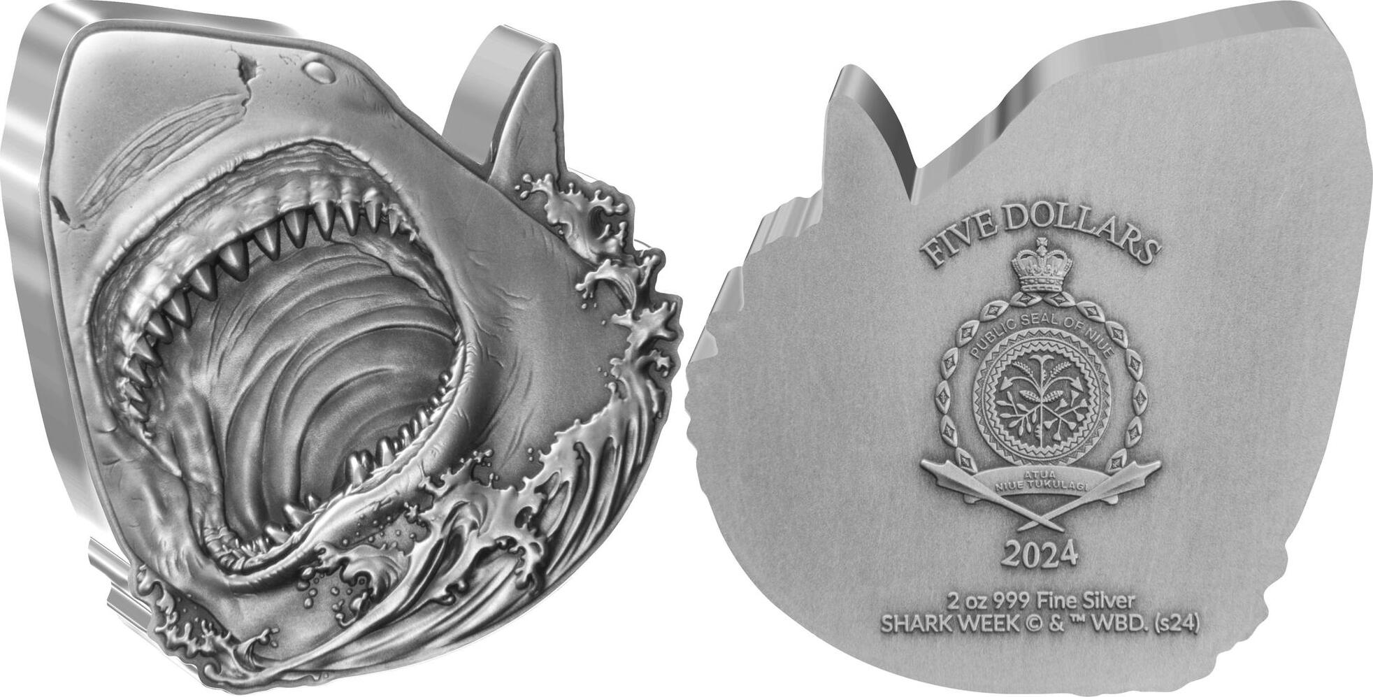 5 Dollars GREAT WHITE SHARK 2 Oz Silver Coin 5$ Niue 2024 Antique ...