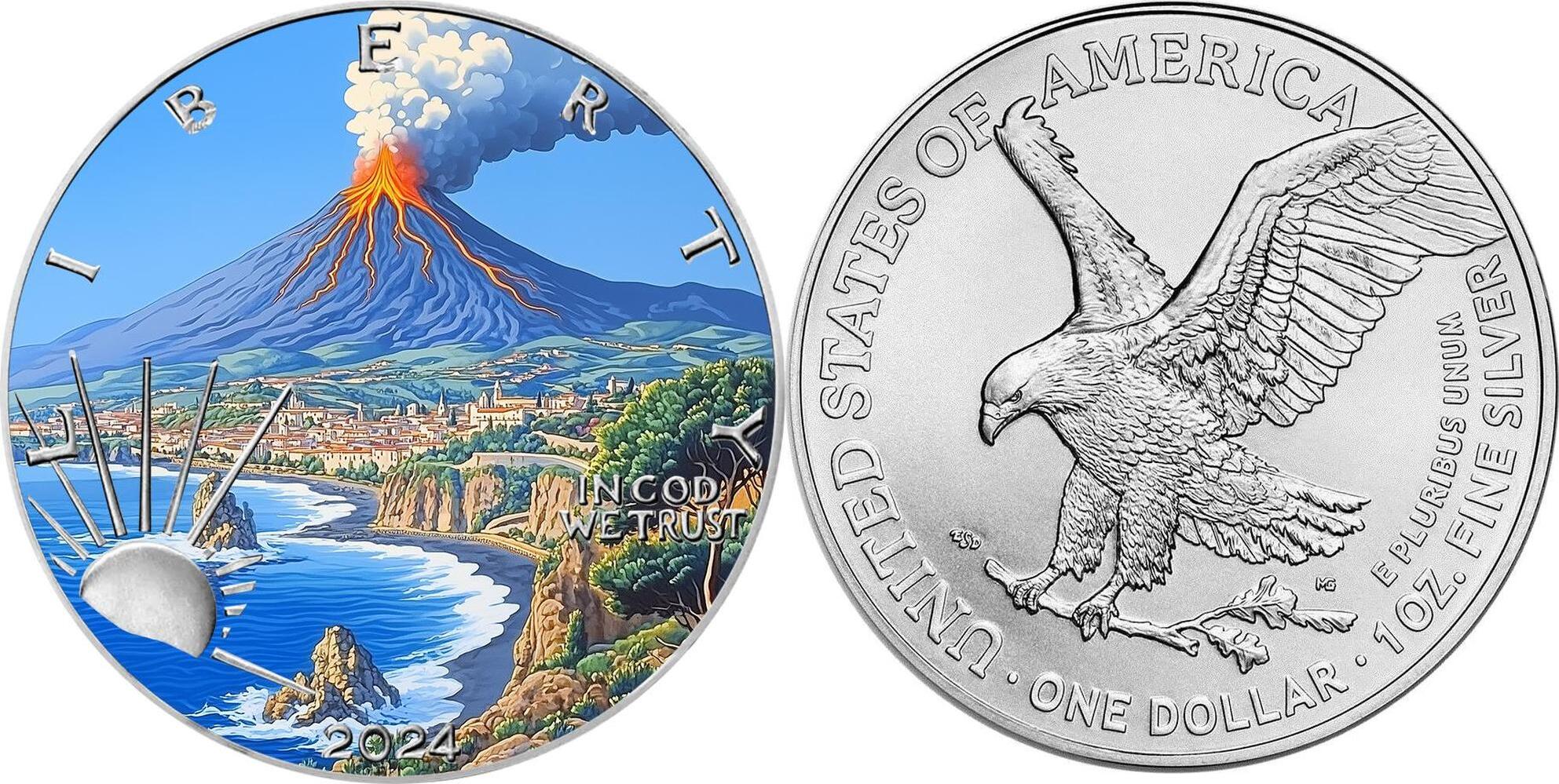 United States ETNA Active Volcanoes 1 Oz Silver Coin 1$ USA 2024 BU ...