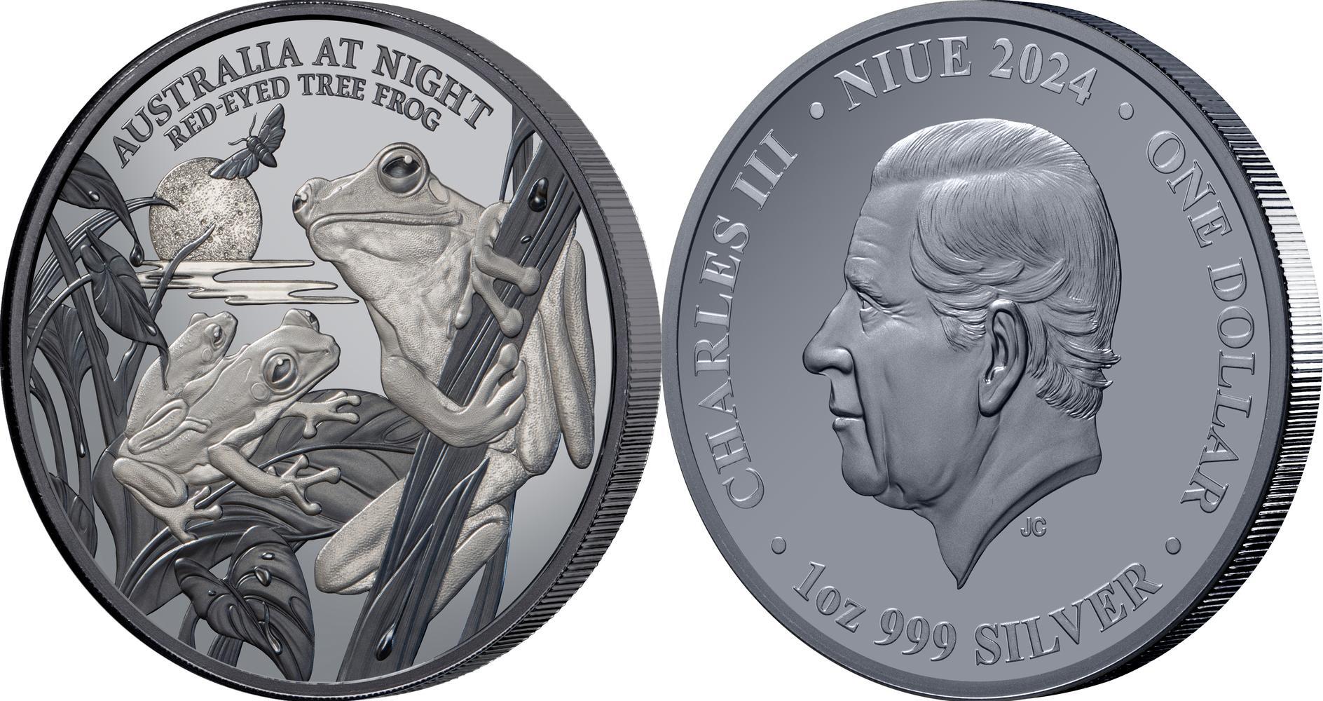 1 Dollar RED-EYED TREE FROG Australia at Night 1 Oz Silver Coin 1$ Niue ...