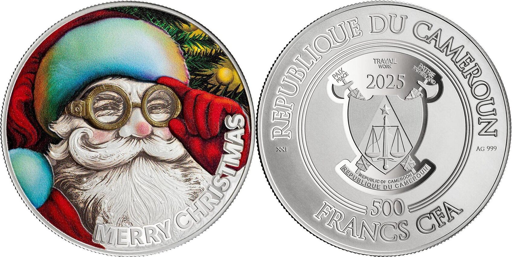SANTA CLAUS Christmas Silver Coin 500 Francs Cameroon 2025 Prooflike ...