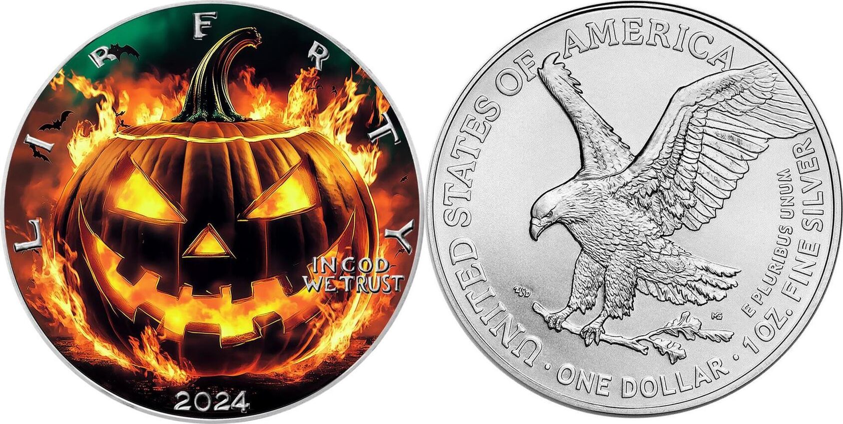 United States PUMPKIN Burning Halloween 1 Oz Silver Coin 1$ USA 2024 BU ...