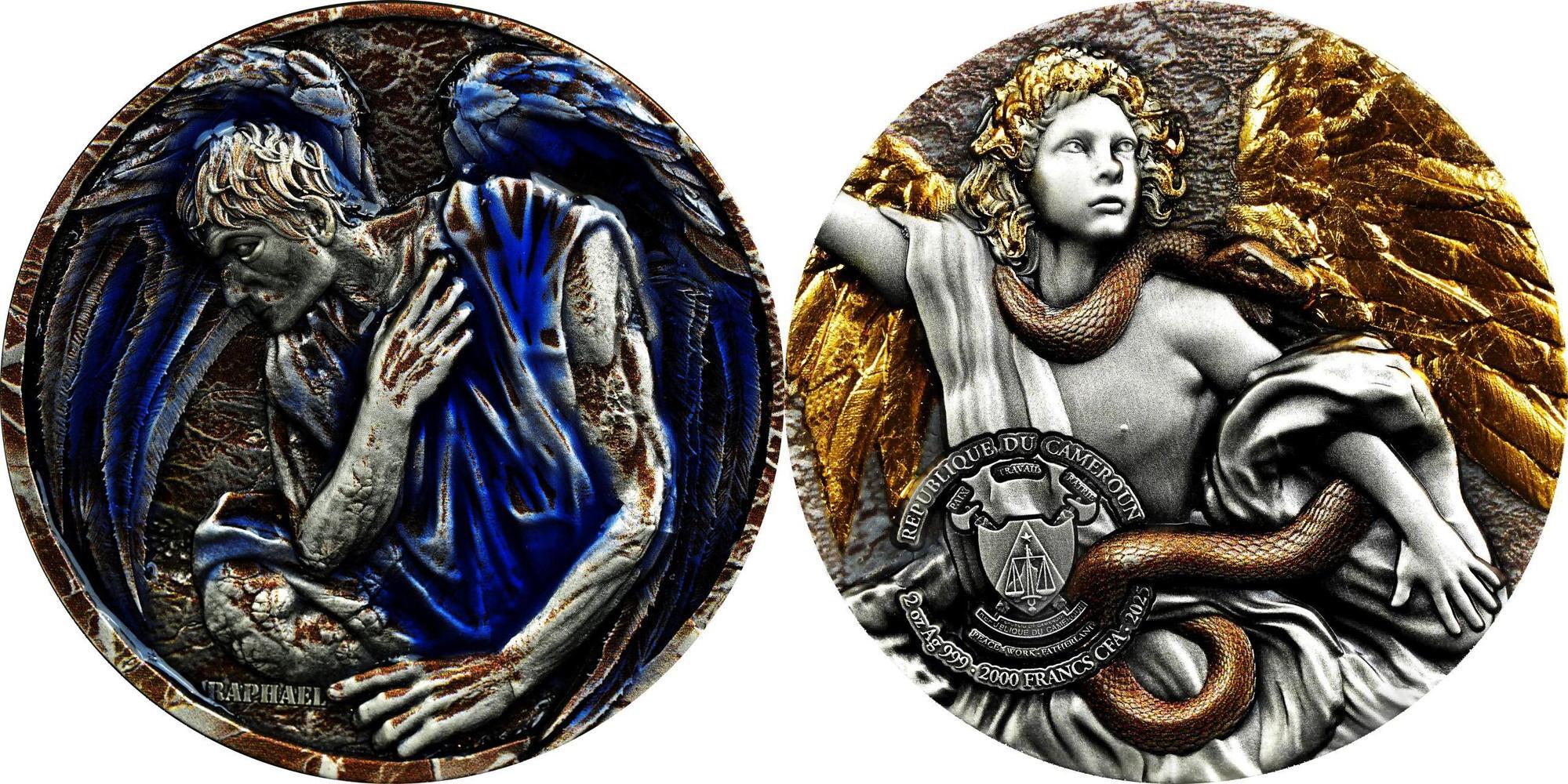 ARCHANGEL RAPHAEL 2 Oz Silver Coin 2000 Francs Cameroon 2025 Antique ...