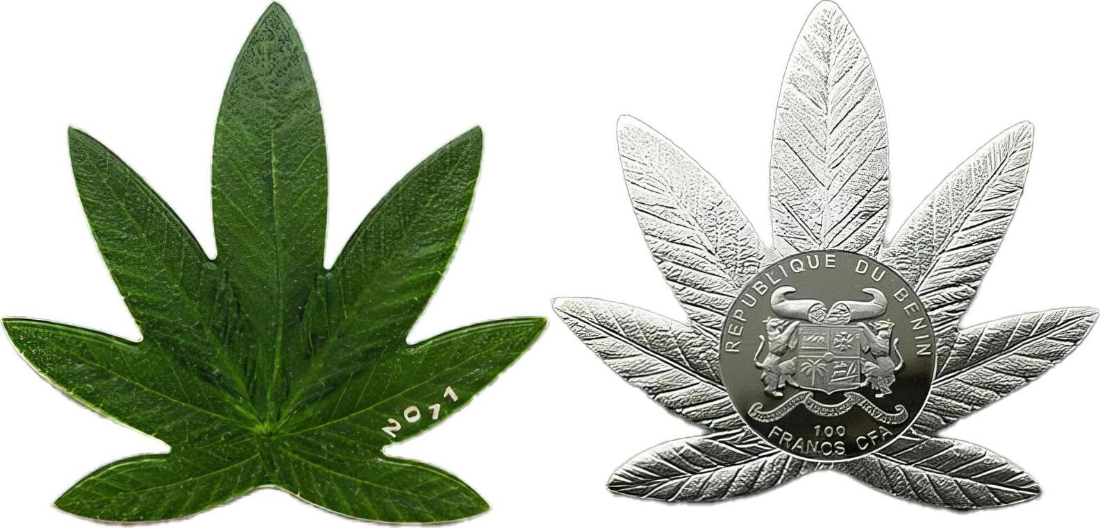 MARIJUANA Cannabis Scented Leaf Silver Plated Coin 100 Francs Benin ...