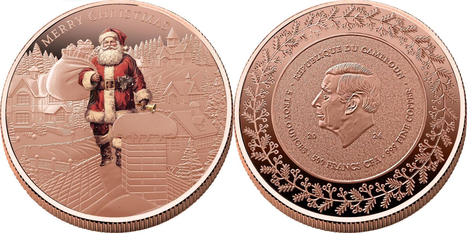 MERRY CHRISTMAS SANTA 5 Oz Copper Coin 500 Francs Cameroon 2024 BU ...