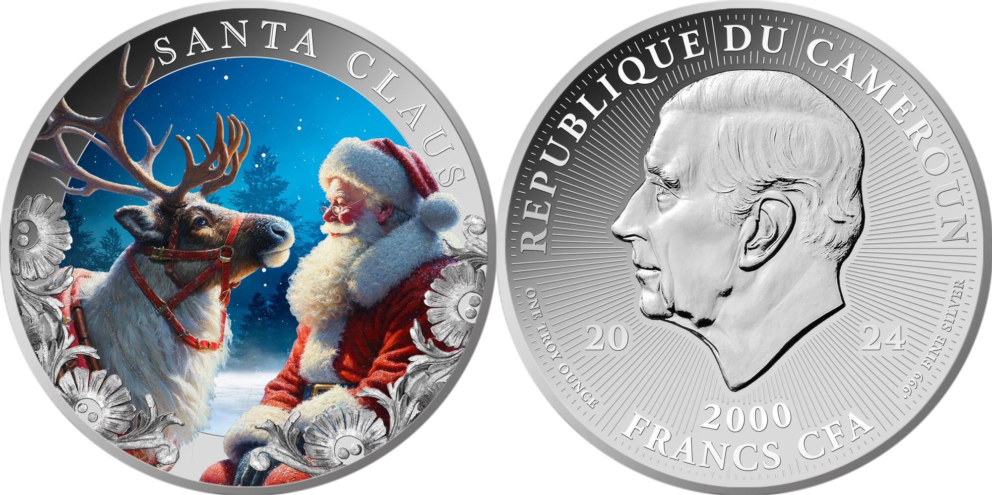 VINTAGE SANTA AND RUDOLPH 1 Oz Silver Coin 2000 Francs Cameroon 2024 ...