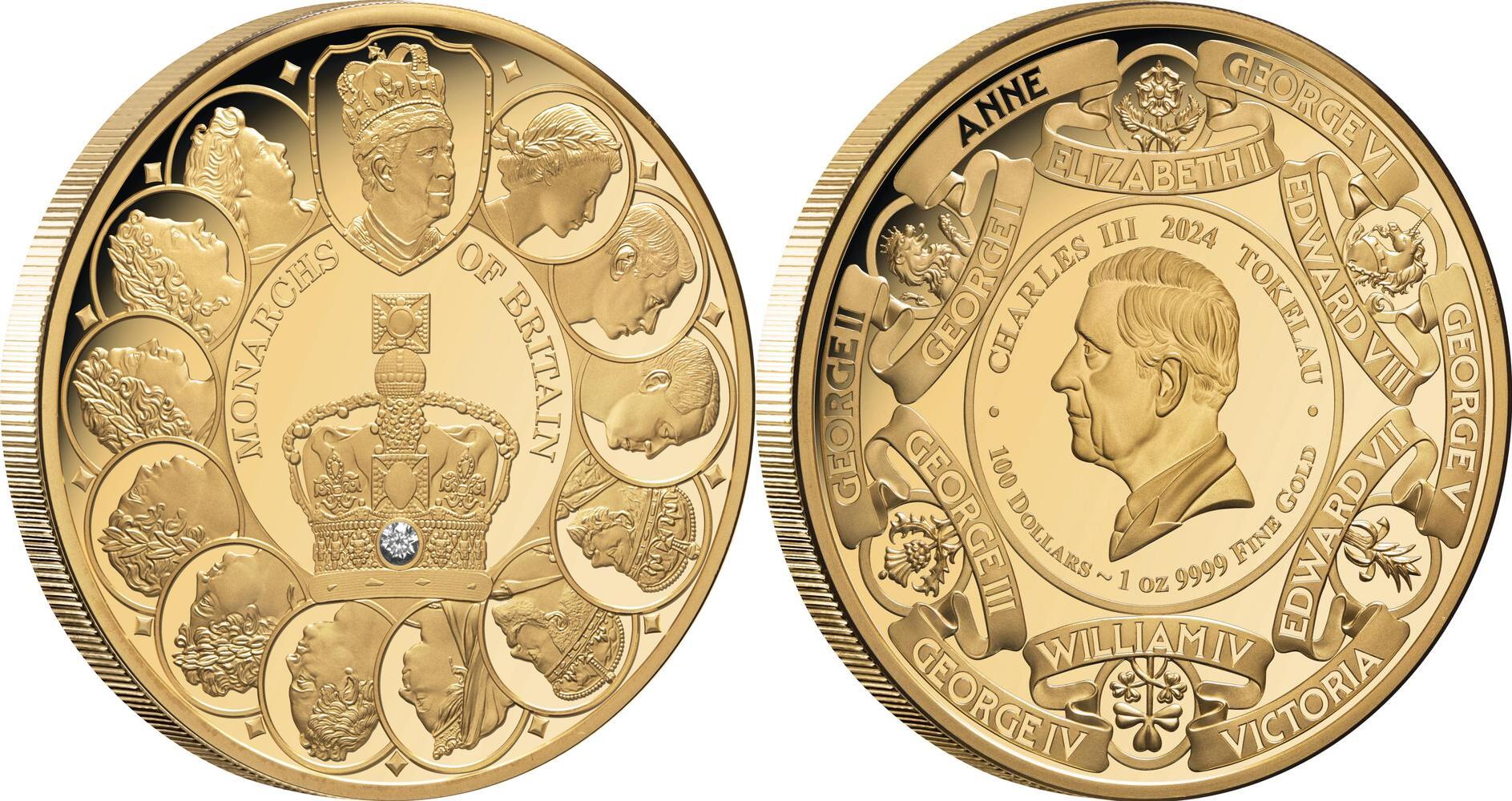 100 Dollars MONARCHS OF BRITAIN 1 Oz Gold Coin 100$ Tokelau 2024 Proof ...