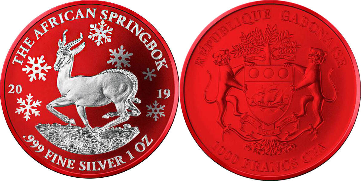 CHRISTMAS SPRINGBOK Space Red 1 Oz Silver Coin 1000 Francs Gabon 2019 ...