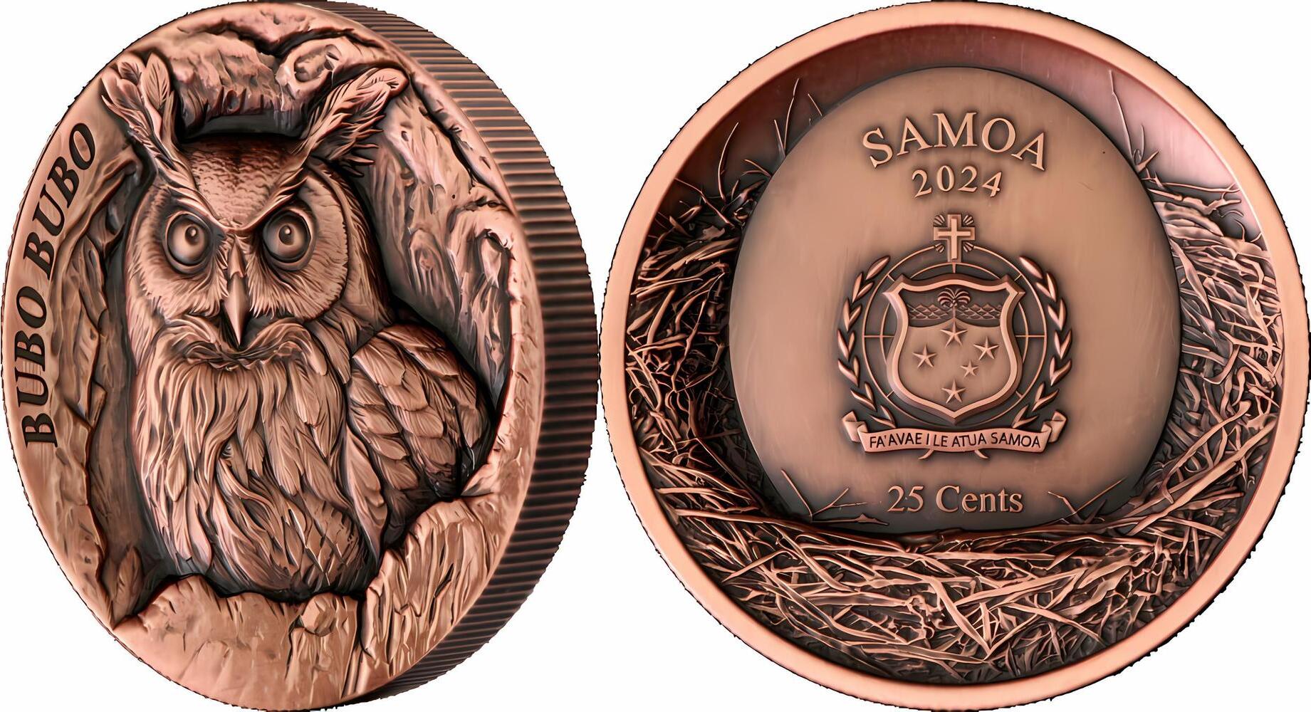 BUBO BUBO Owl Tree Hollow Copper Coin 25 Cents Samoa 2024 Antique ...