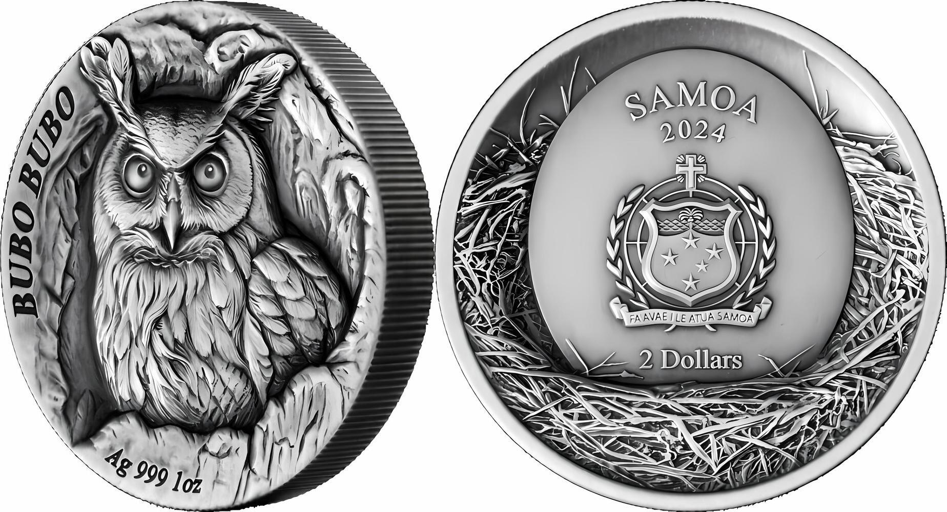 2 Dollars BUBO BUBO Owl Tree Hollow Coin 1 Oz Silver Coin 2$ Samoa 2024 ...