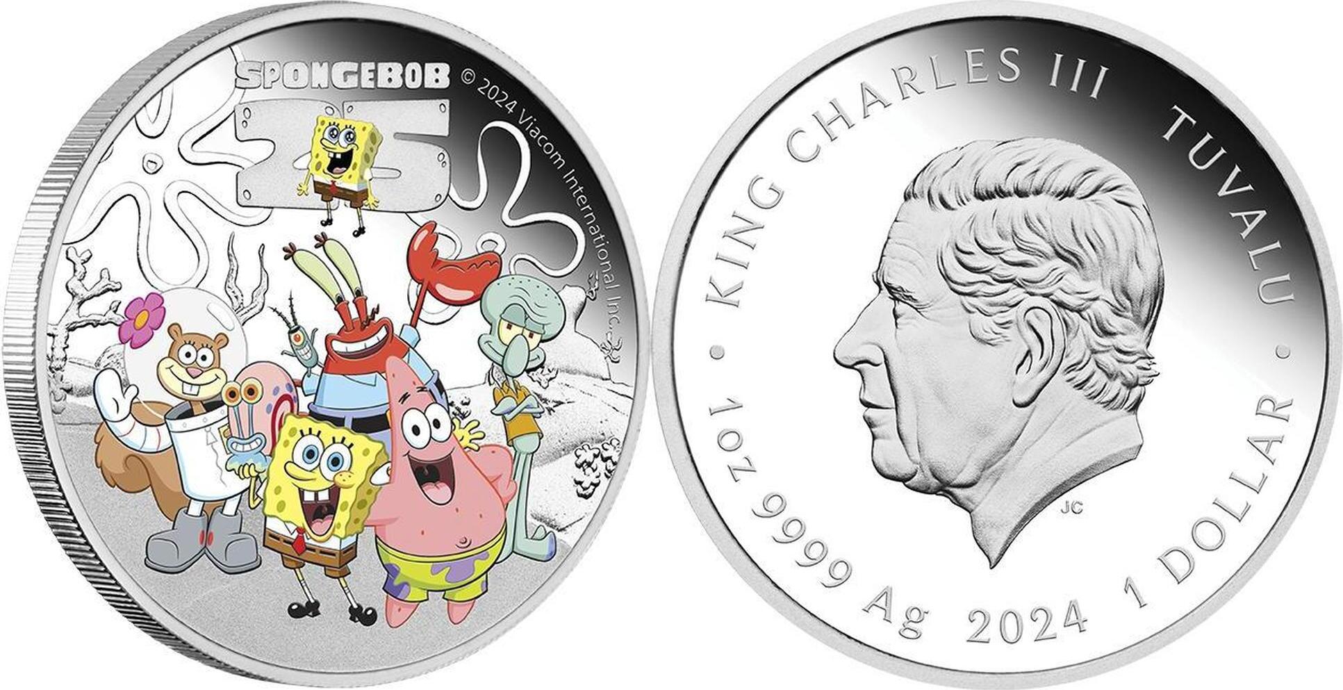 1 Dollar SPONGEBOB AND FRIENDS 1 Oz Silver Coin 1$ Tuvalu 2024 Proof ...